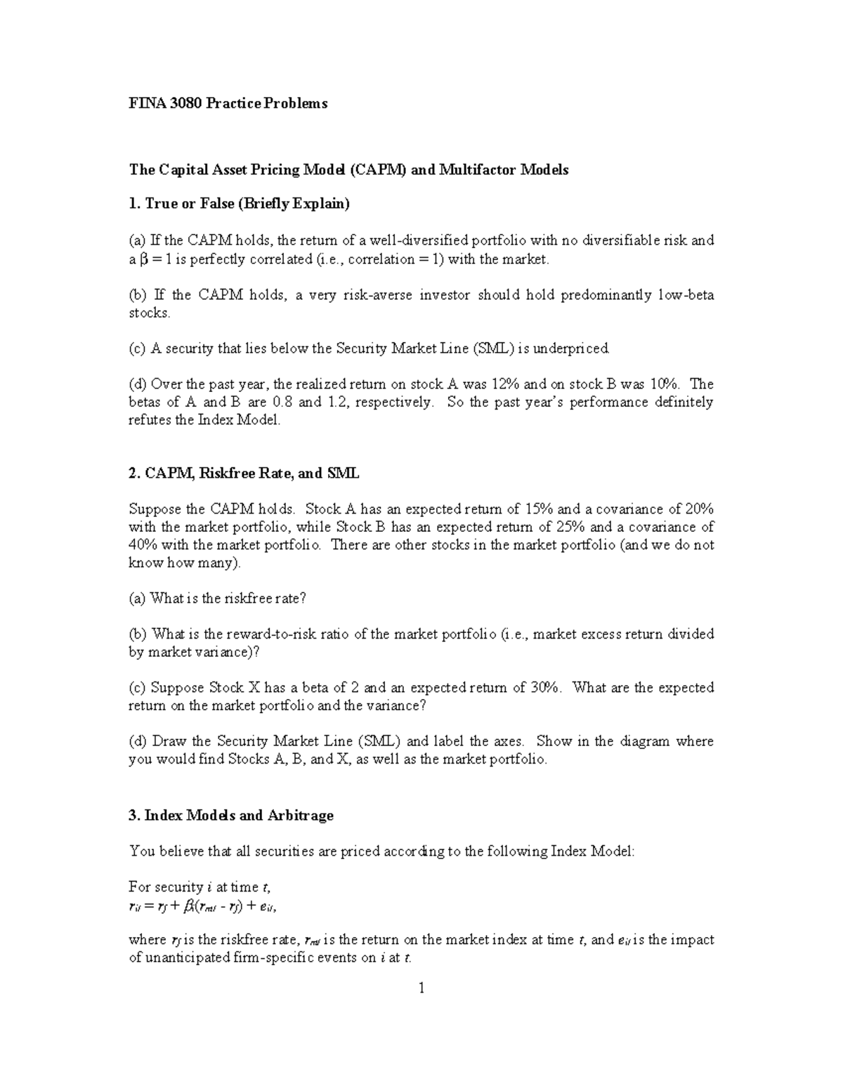 CAPM and Multifactor Models - Warning: TT: undefined function: 32 1 FINA 3080 Practice Problems ...