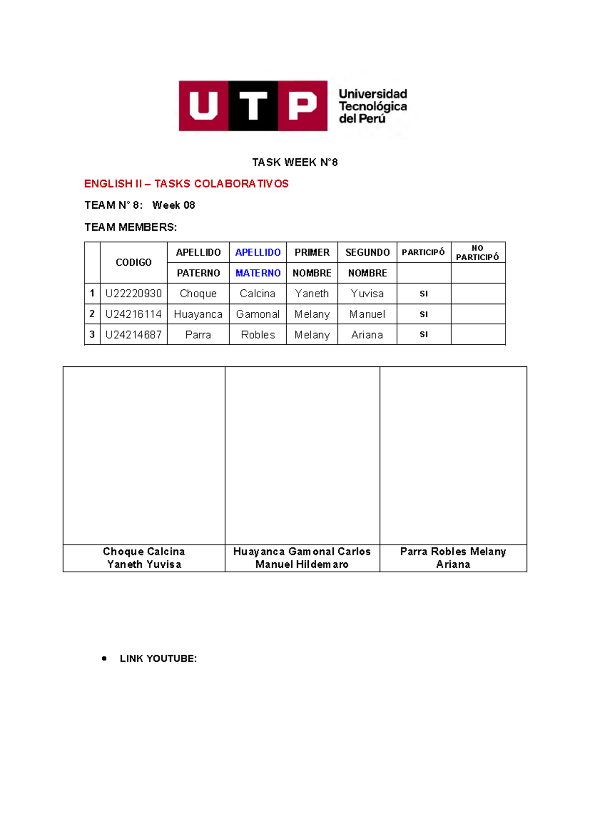 TASK WEEK N 8 - WEEK 8 - TASK WEEK N° ENGLISH II – TASKS COLABORATIVOS TEAM N° 8: Week 08 TEAM ...