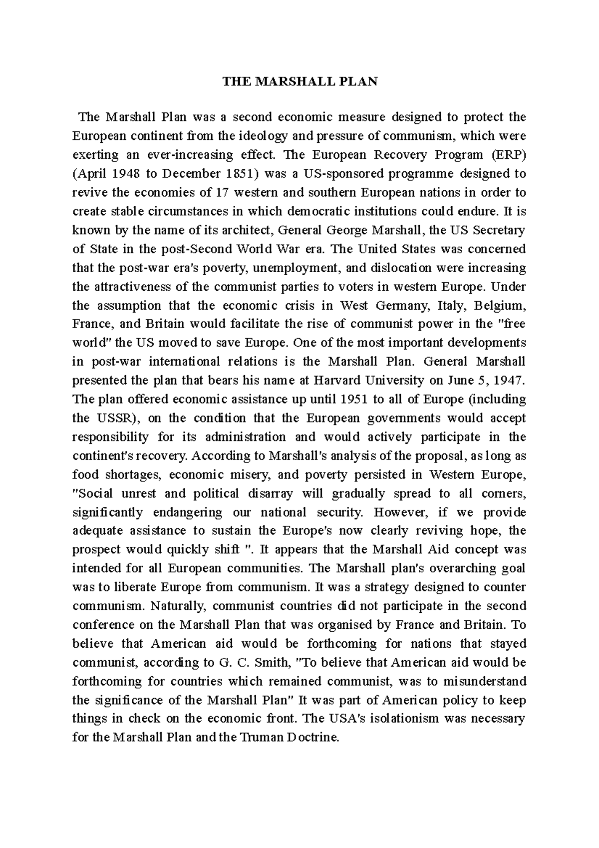 The Marshall Plan - THE MARSHALL PLAN The Marshall Plan was a second ...