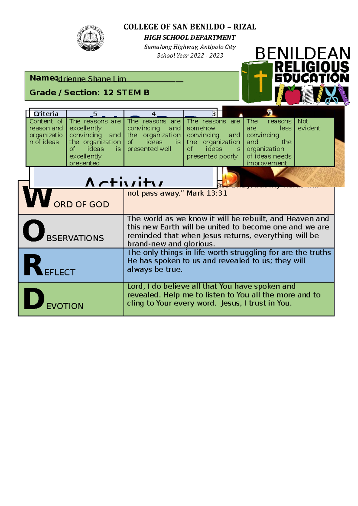 LIM WORD Activity 2 - NONE - COLLEGE OF SAN BENILDO – RIZAL HIGH SCHOOL ...