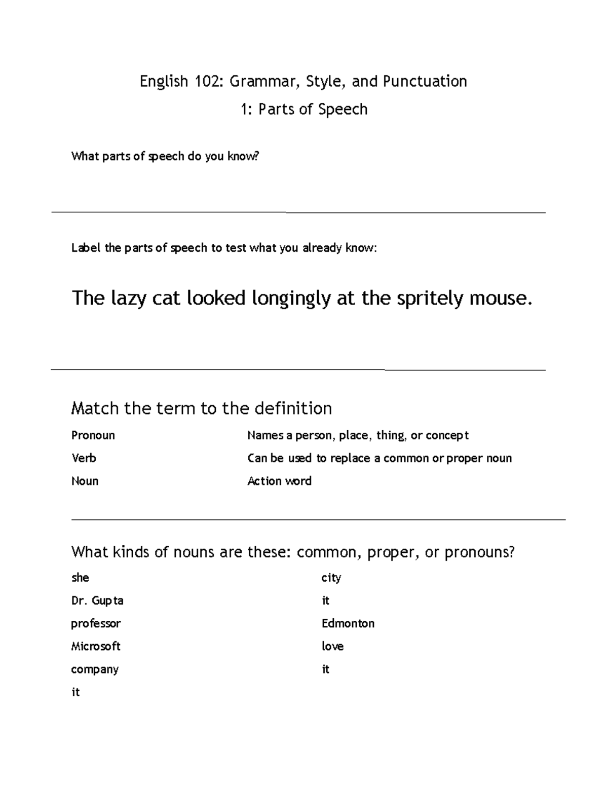 Grammar 1 - Parts of Speech Notes 2021 - English 102: Grammar, Style ...