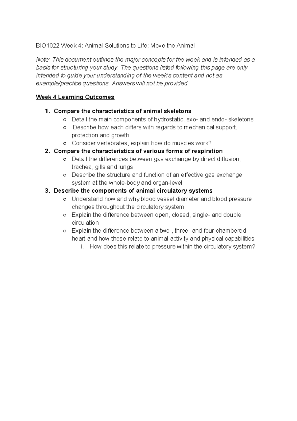 BIO1022 Week 4 Study Guide - BIO1022 Week 4: Animal Solutions to Life ...
