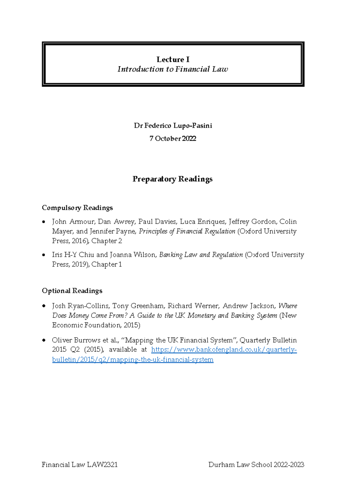 Lecture 1 - Introduction to Financial Law - Financial Law LAW2321 ...