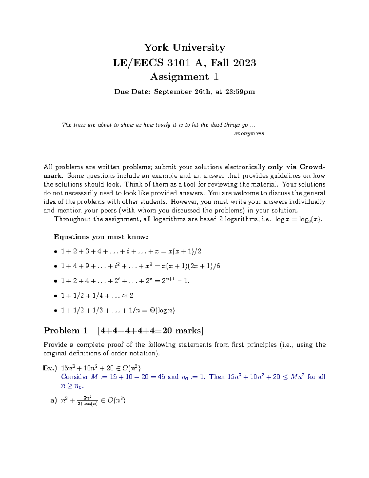 A1 - Assignment 1 - York University LE/EECS 3101 A, Fall 2023 Assignment 1 Due Date: September ...