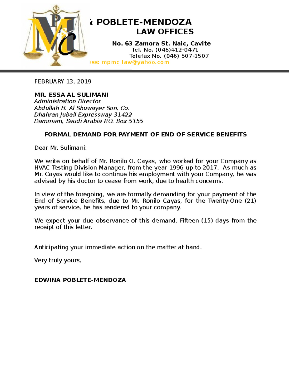 Demand Letter FOR Ronilo Cayas FEB 2019 - MENDOZA & POBLETE-MENDOZA No ...