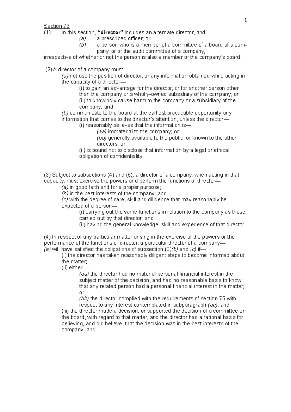 Section 76 and 77 - notes - Section 76 (1) In this section, ‘‘director ...