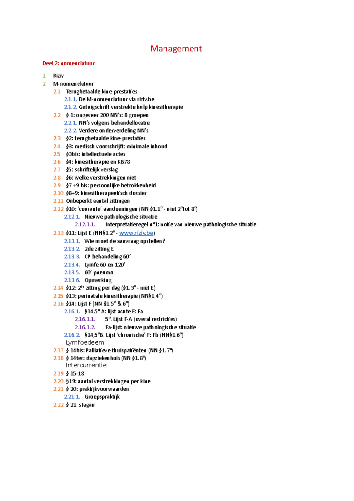 Inhoudstafel nomenclatuur - Management Deel 2: nomenclatuur Riziv M ...