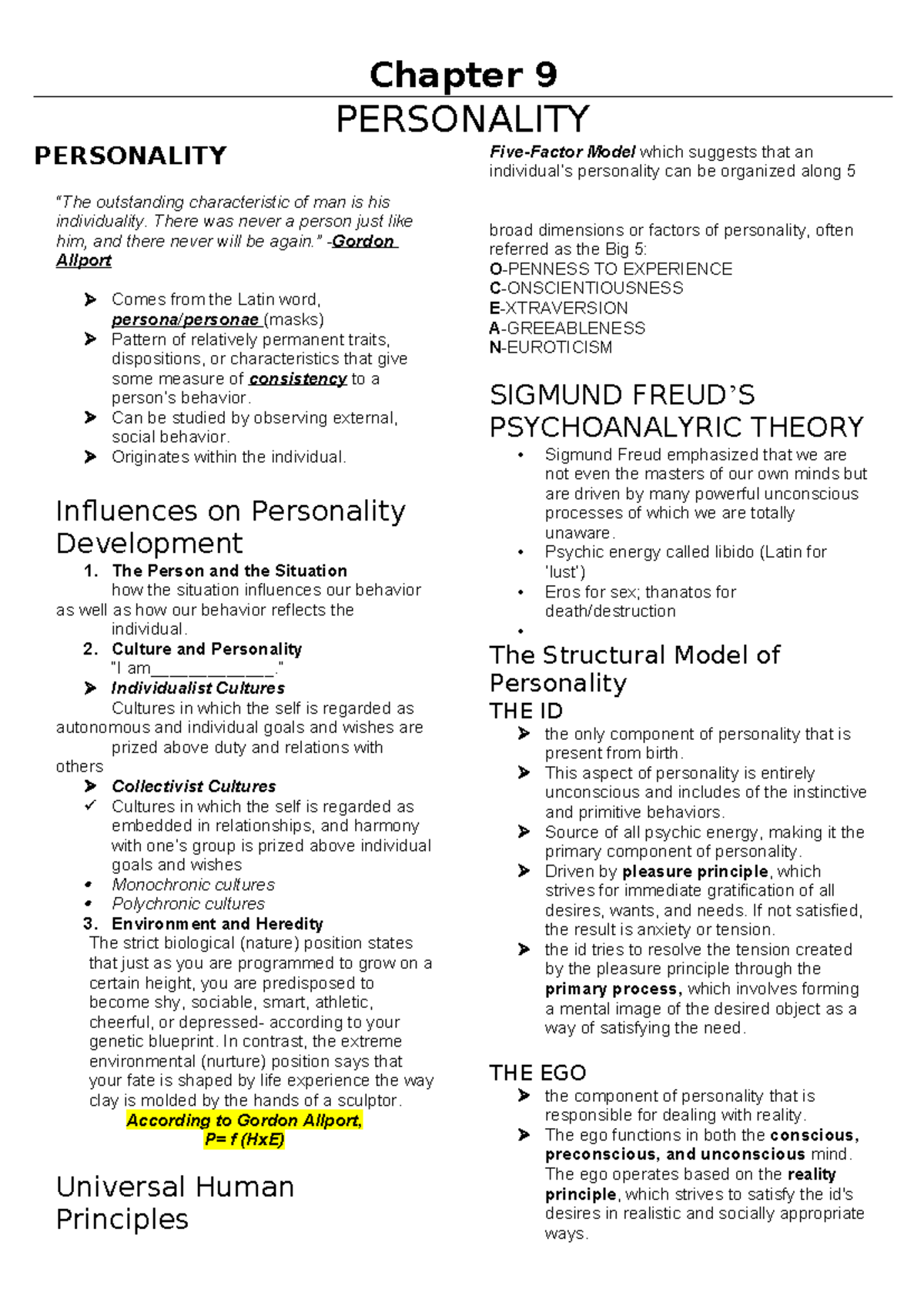 Chapter 9 - Chapter 9 PERSONALITY PERSONALITY “The outstanding ...