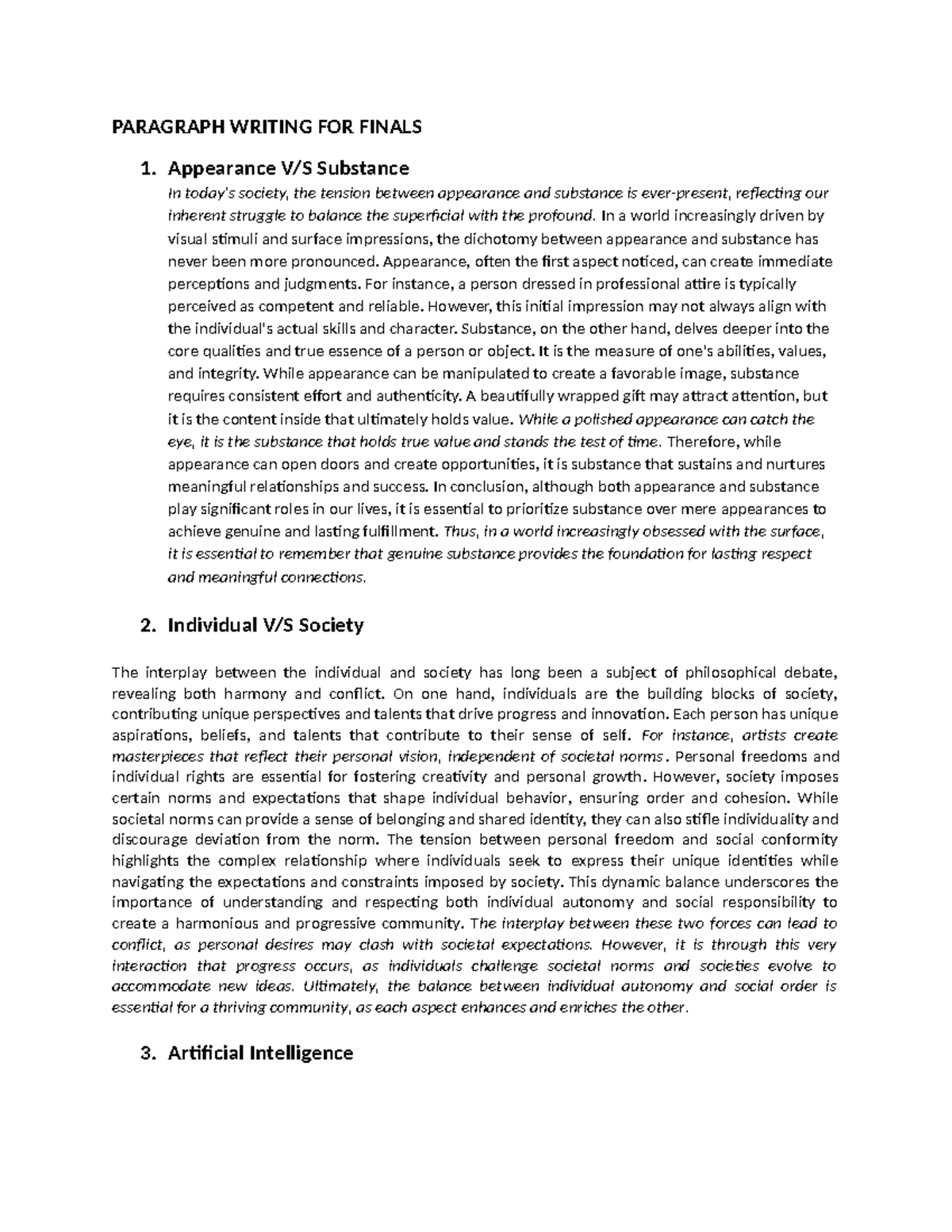 Paragraph Writing Demo - PARAGRAPH WRITING FOR FINALS 1. Appearance V/S ...