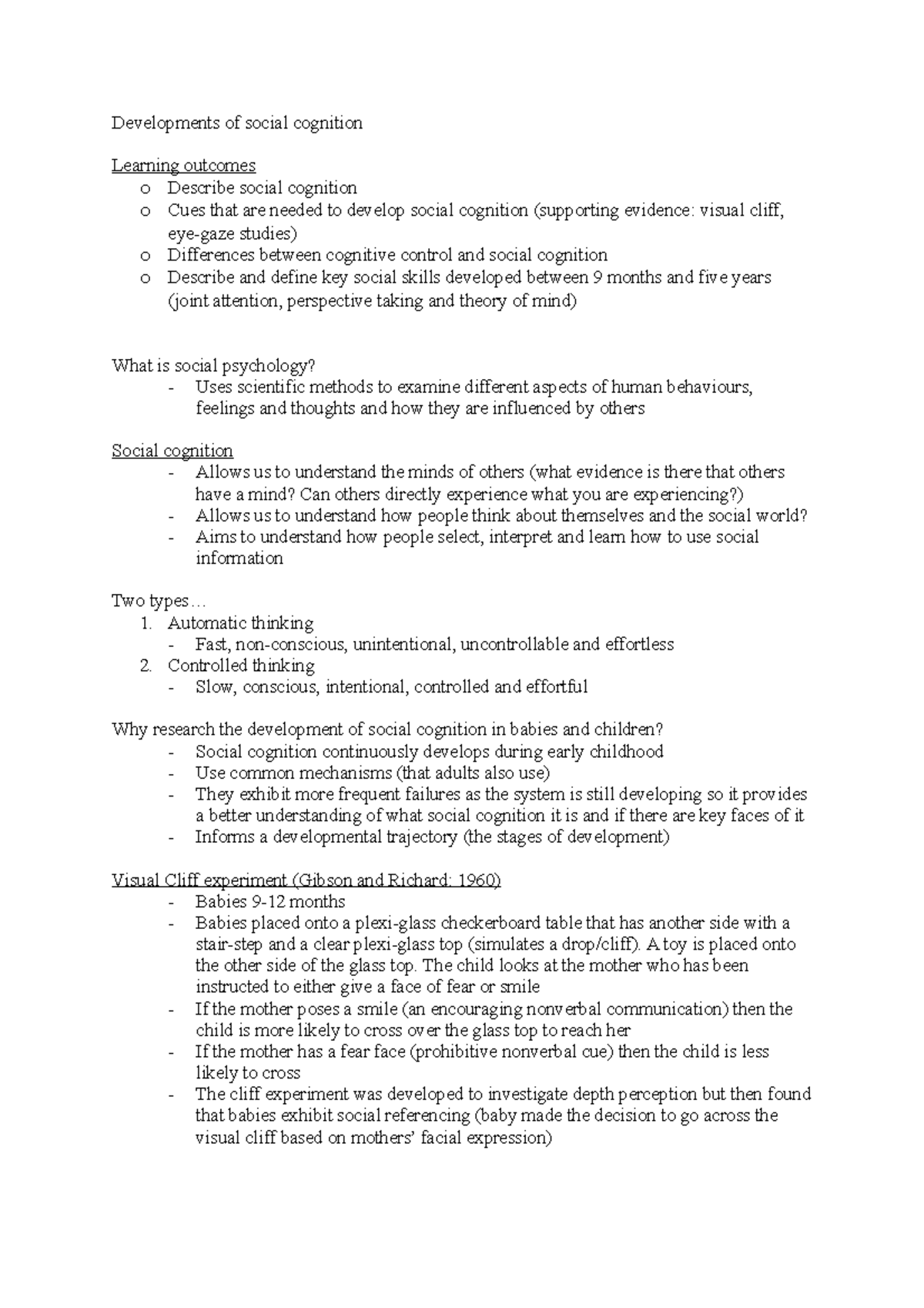 Week 1 Developments of social cognition - Developments of social ...