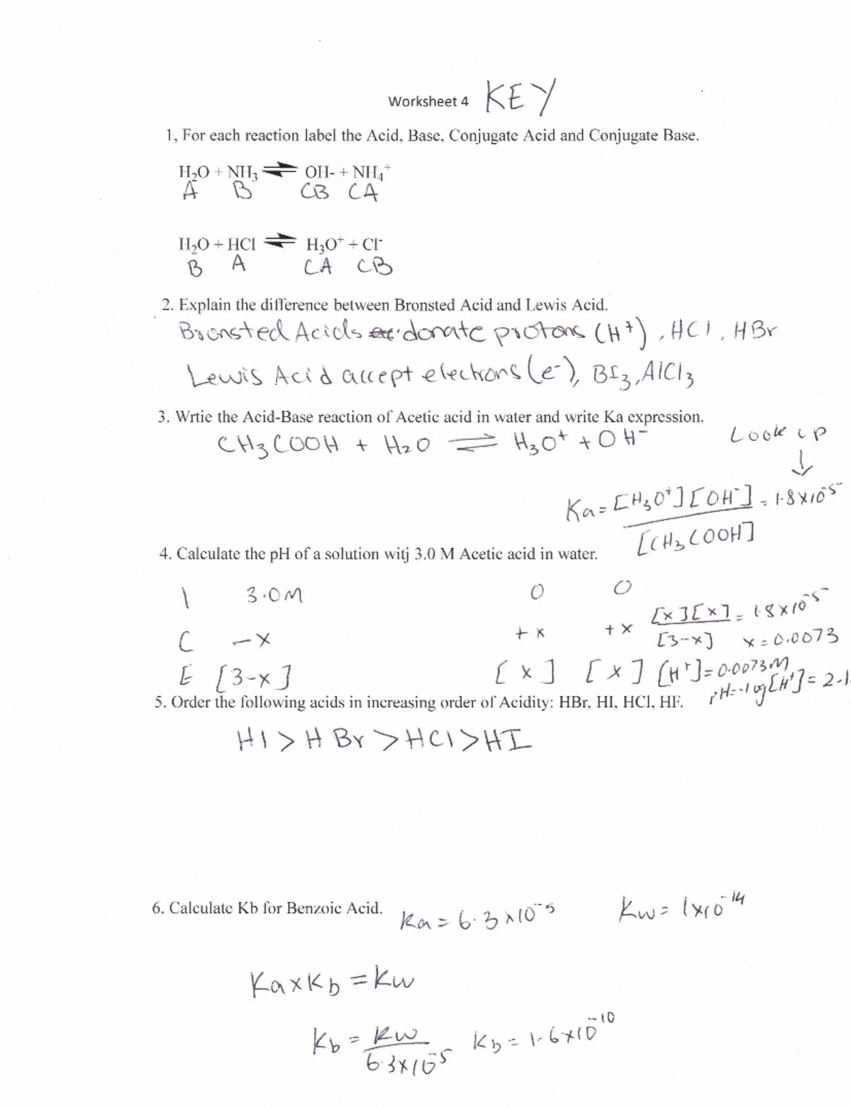 Chem 1C Worksheet Acids Bases answer key - Worksheet 4 KEY 1, For each ...