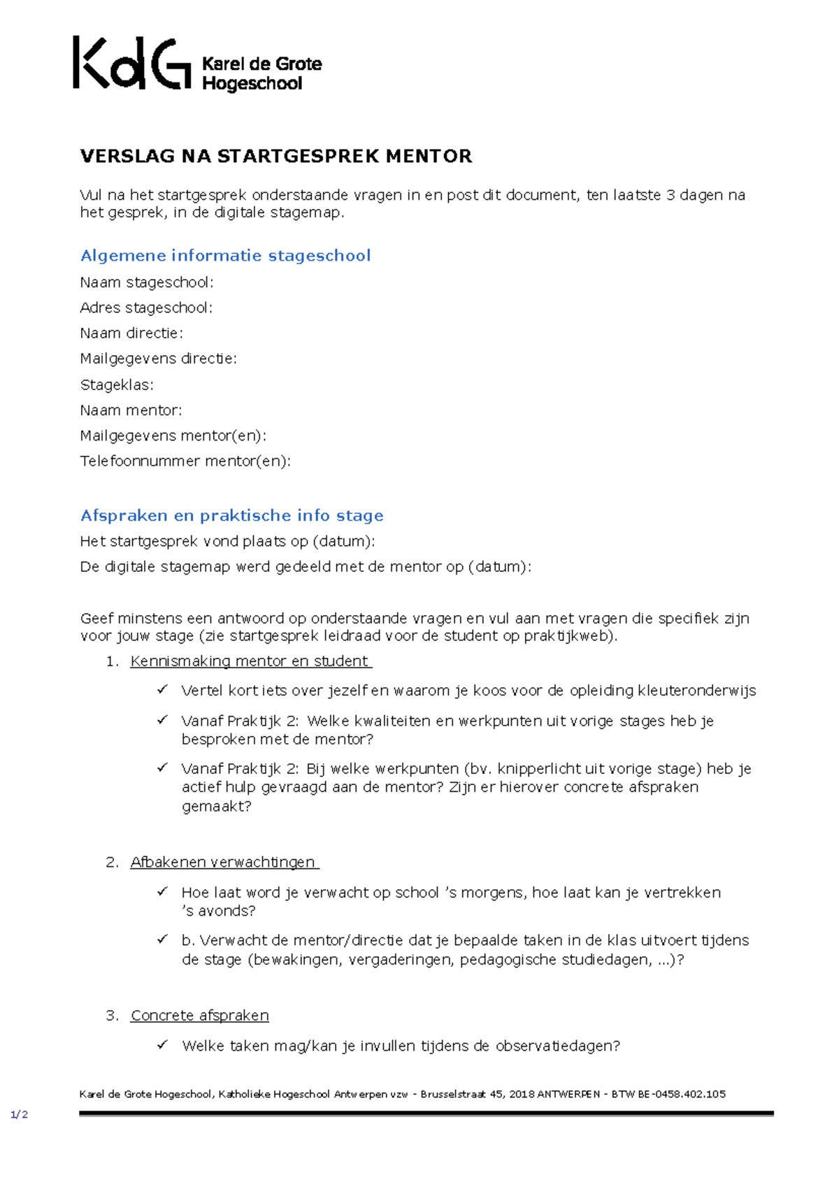 Verslag startgesprek sjabloon - VERSLAG NA STARTGESPREK MENTOR Vul na ...