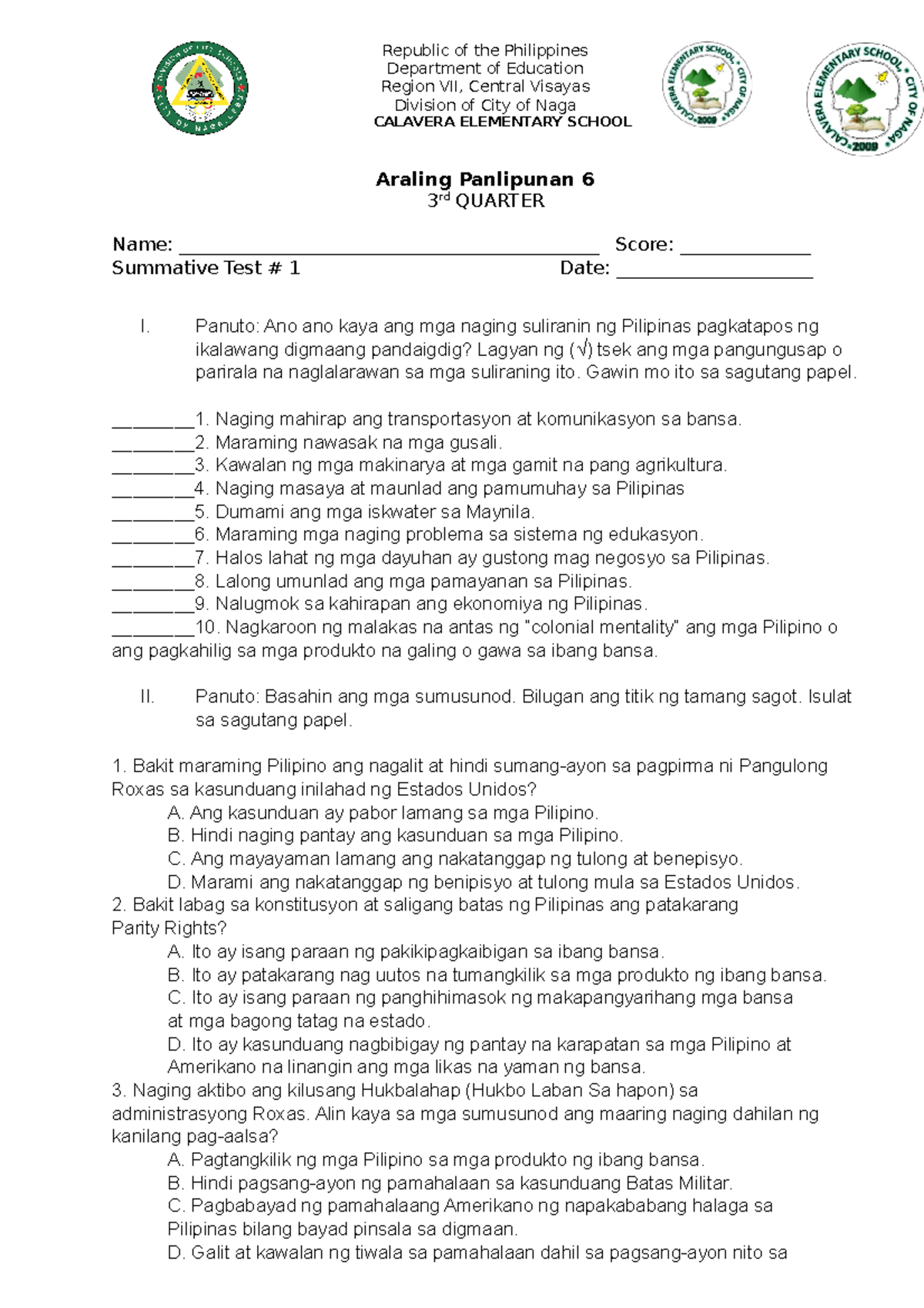 AP6 Q3 ST1 - FOR SUBMISSION - Republic of the Philippines Department of Education Region VII ...