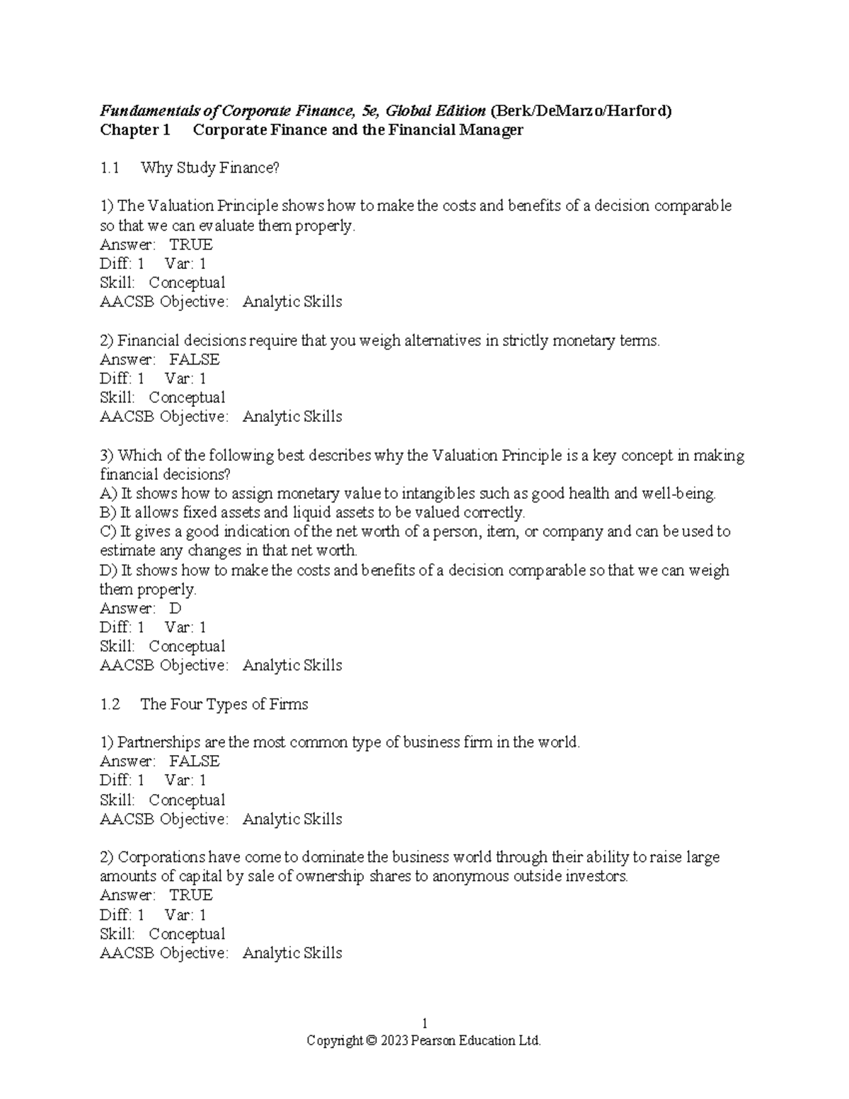 Chapter 1 - test bank - 1 Fundamentals of Corporate Finance, 5e, Global ...