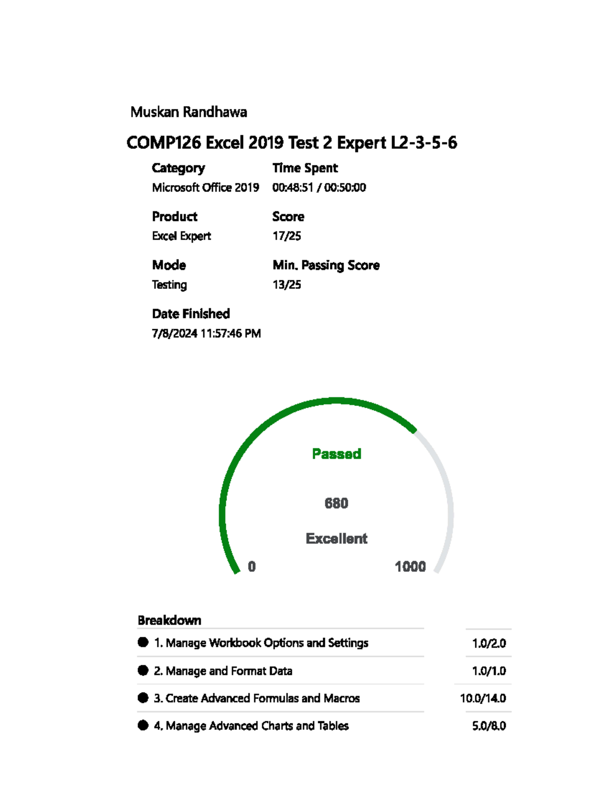 Gmetrix 2 - kjuhytrf - Muskan Randhawa COMP126 Excel 2019 Test 2 Expert ...