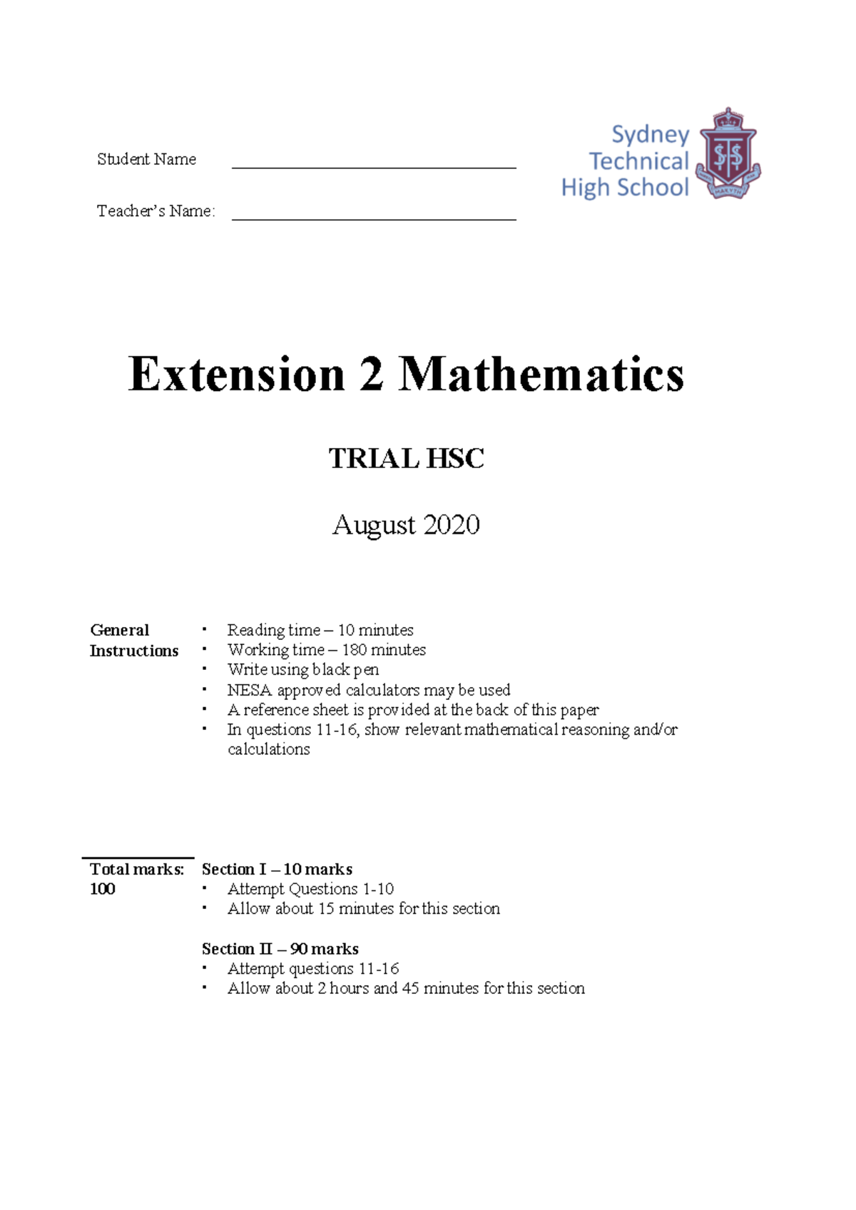 2020 4U - Sydney Tech - Trial Paper - Questions - Student Name