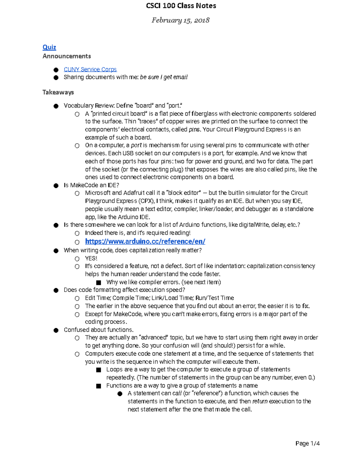 2018-02-15 Class Notes - CSCI 100 Class Notes February 15, 2018 Quiz ...