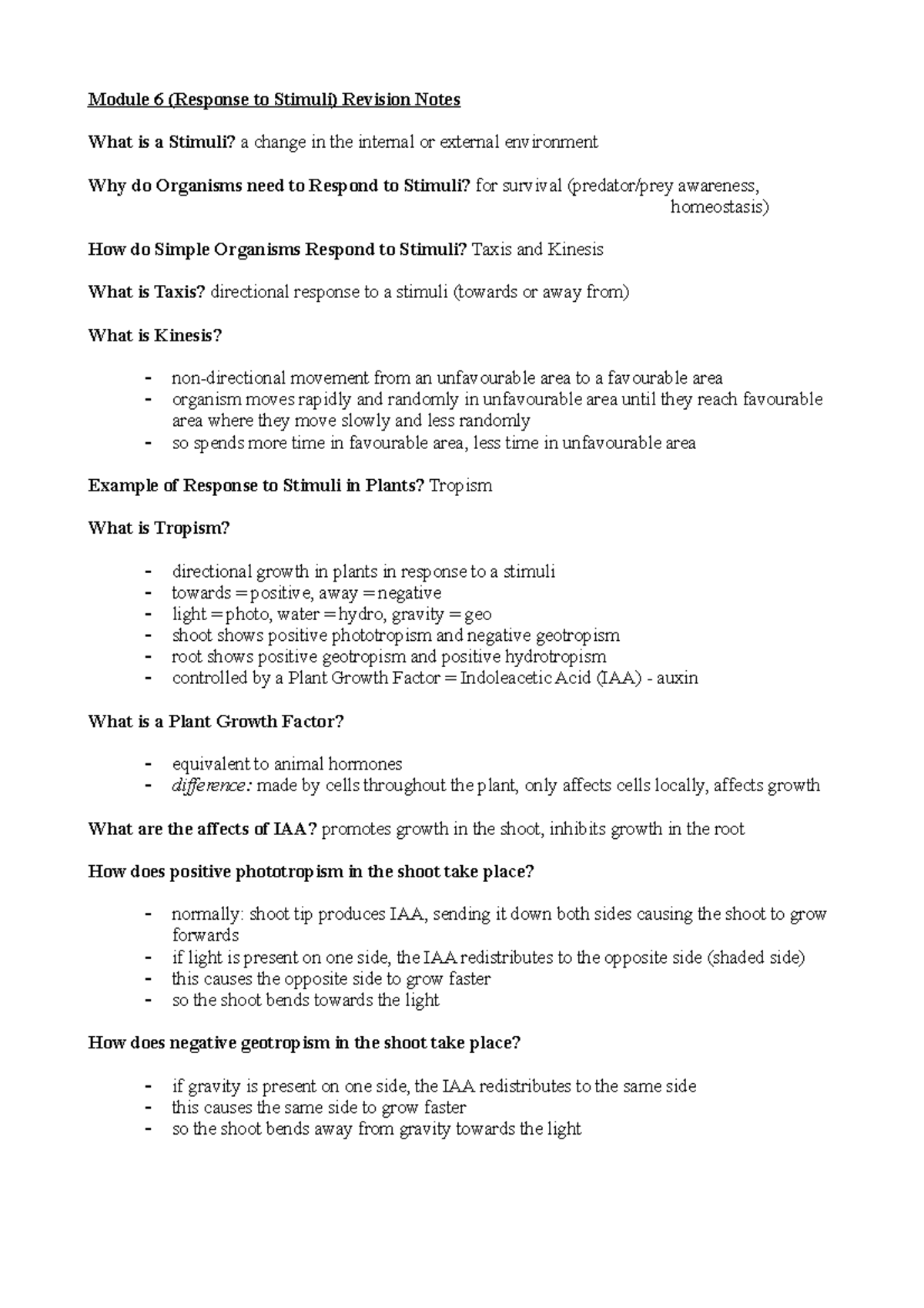 AQA Module 6 Revision Notes Module 6 Response To Stimuli Revision