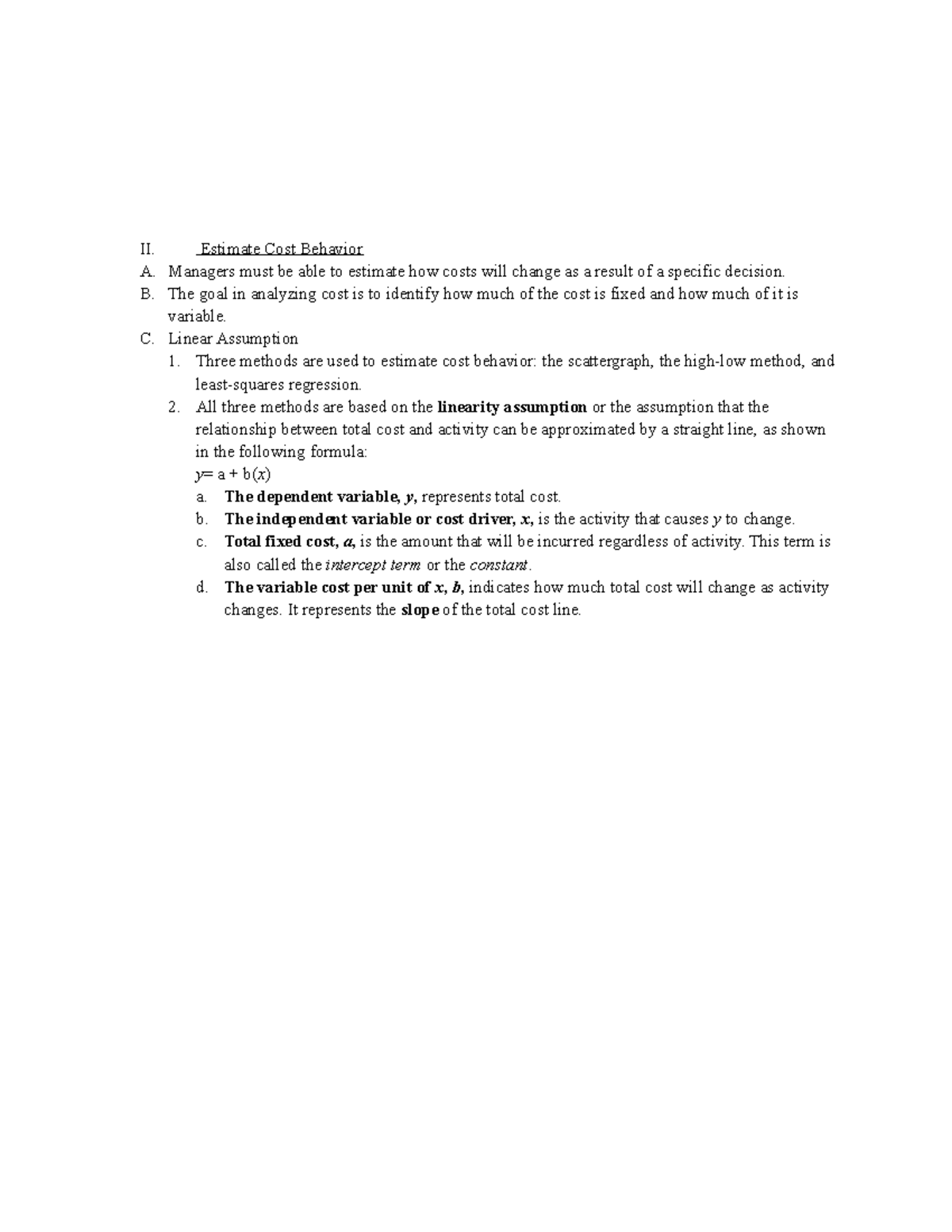 Chapter 5 Handouts no answers - II. Estimate Cost Behavior A. Managers must be able to estimate ...