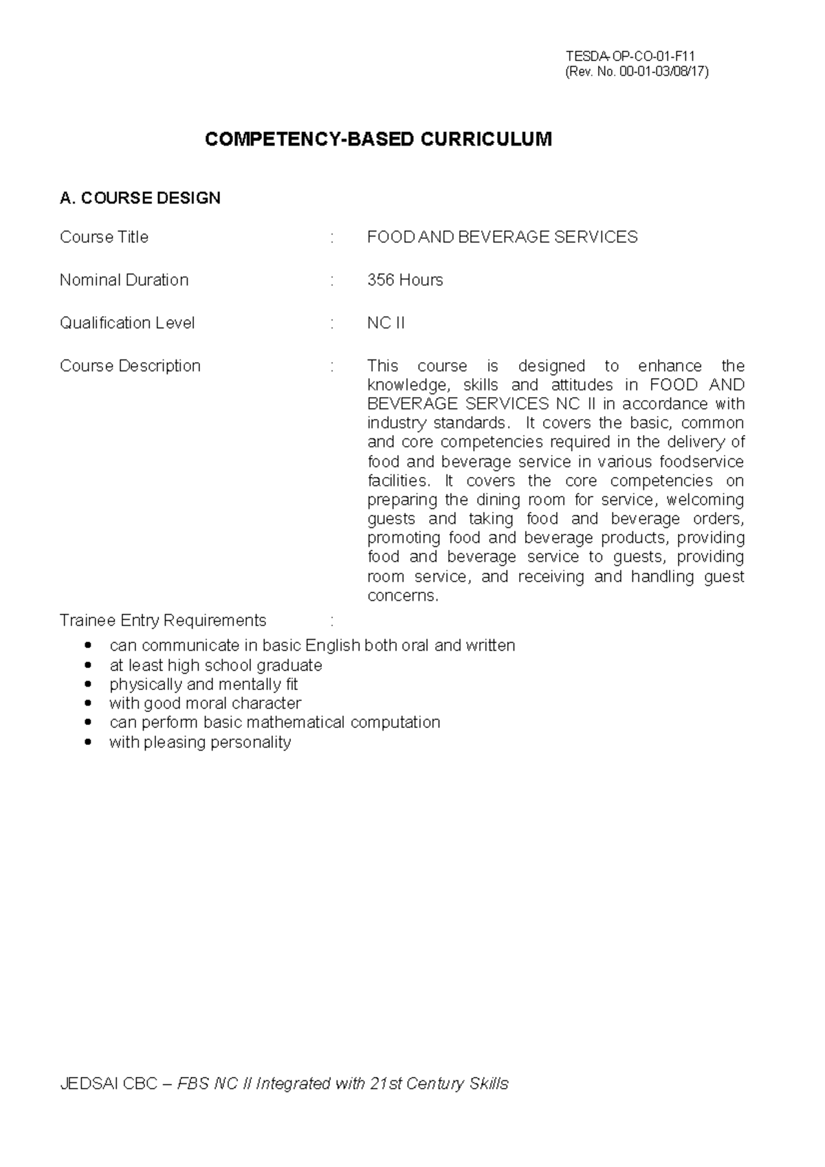 Cbc fbs nc ii - fbs - (Rev. No. 00-01-03/08/17) COMPETENCY-BASED ...