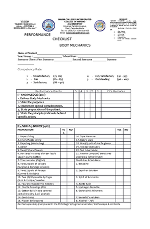 BODY- Mechanics- Checklist - PERFORMANCE CHECKLIST BODY MECHANICS Name ...