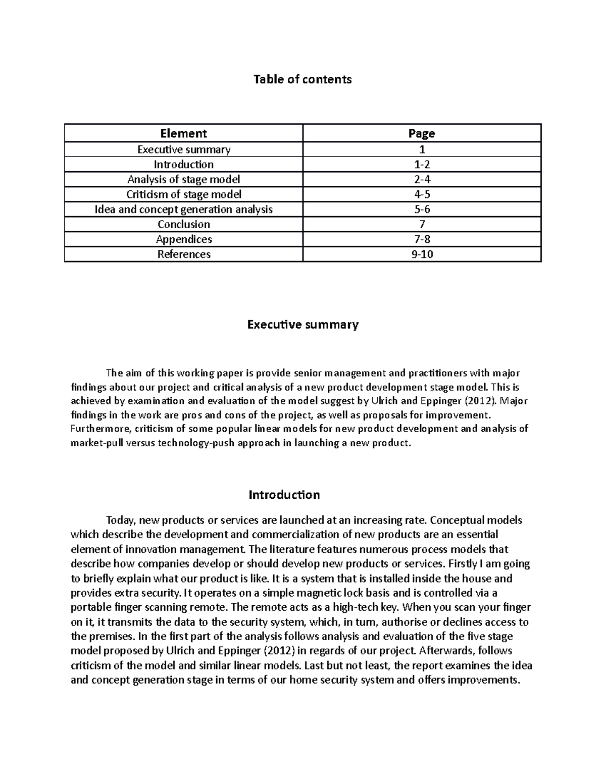 New product development - report - Table of contents Element Page ...