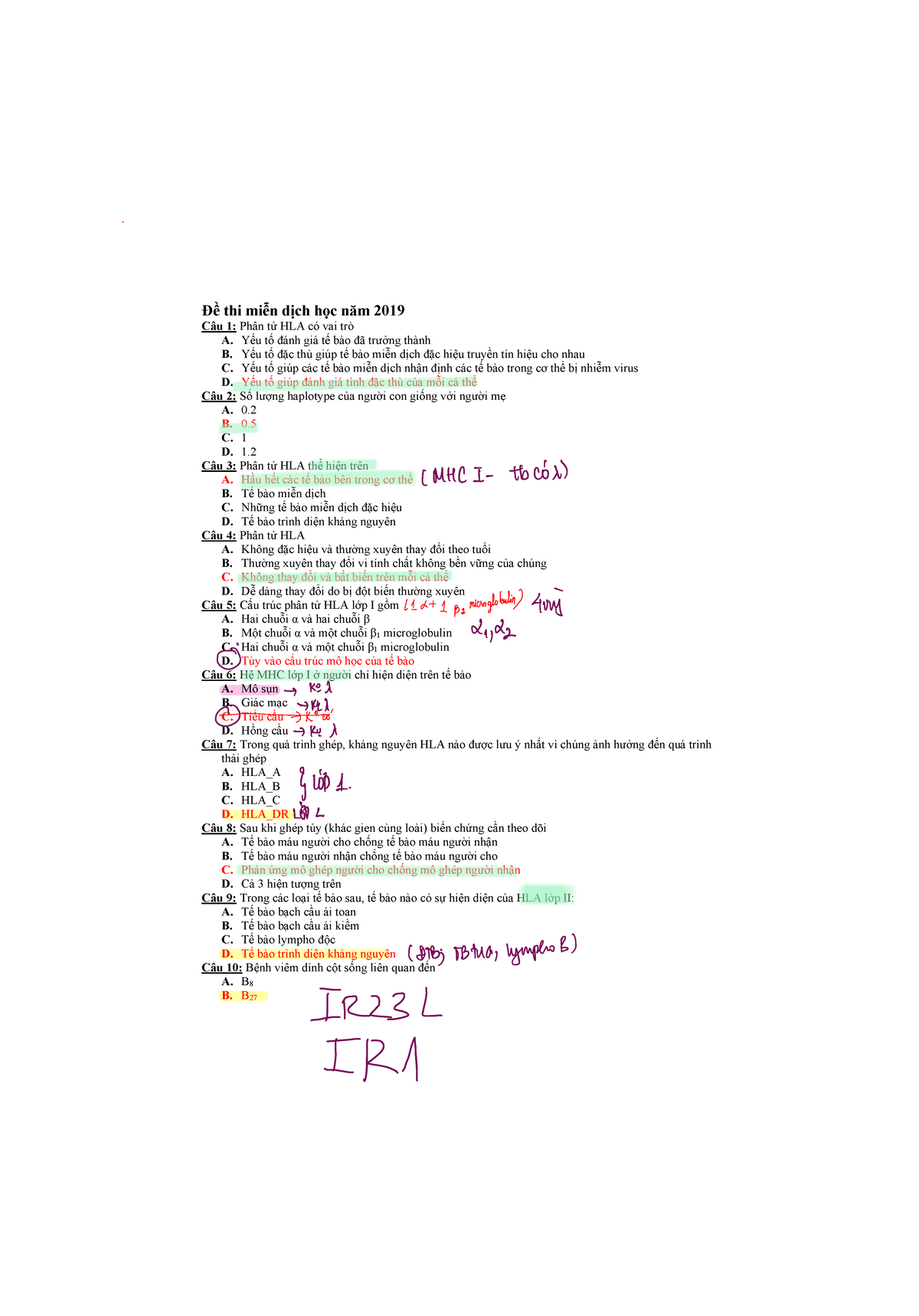 2019 có đa - Miễn dịch học - Đề thi miễn dịch học năm 201 9 Câu 1: Phân ...