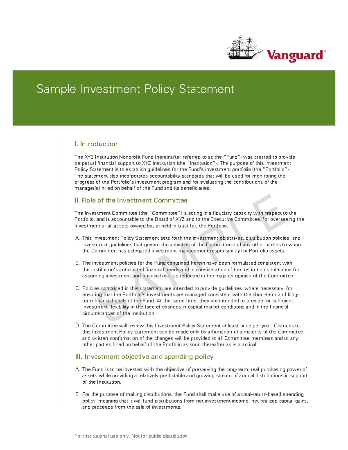Vanguard - IPS Sample 2 - S A MPLE I. Introduction The XYZ Institution ...