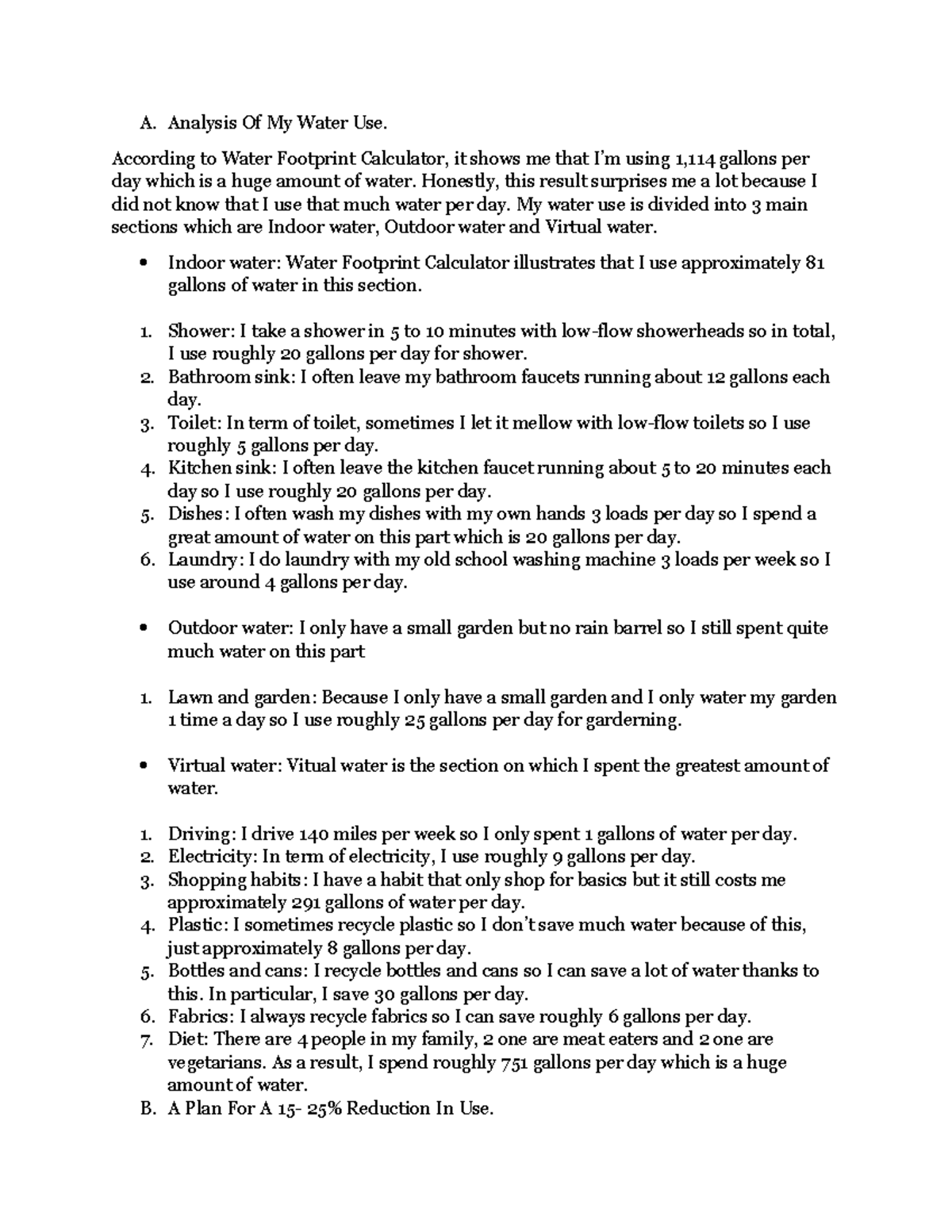 Analysis Of My Water Use - A. Analysis Of My Water Use. According to ...