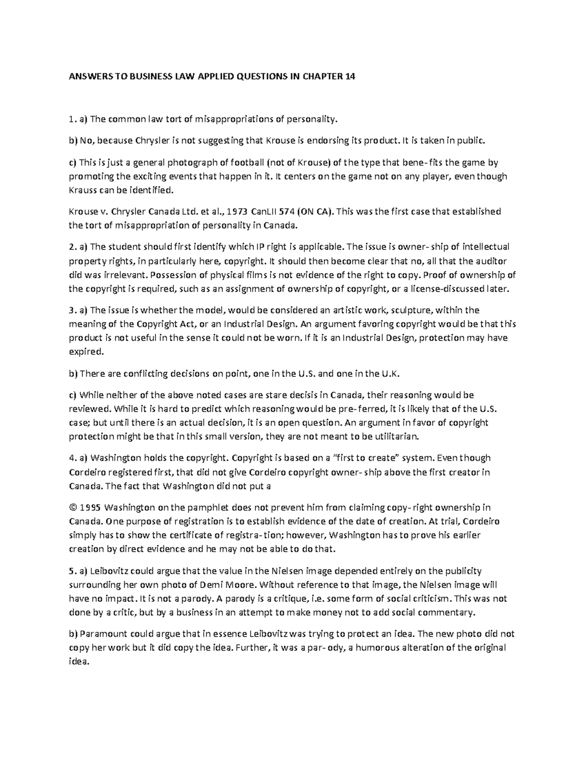 Business LAW Applied Questions IN Chapter 14 - ANSWERS TO BUSINESS LAW ...