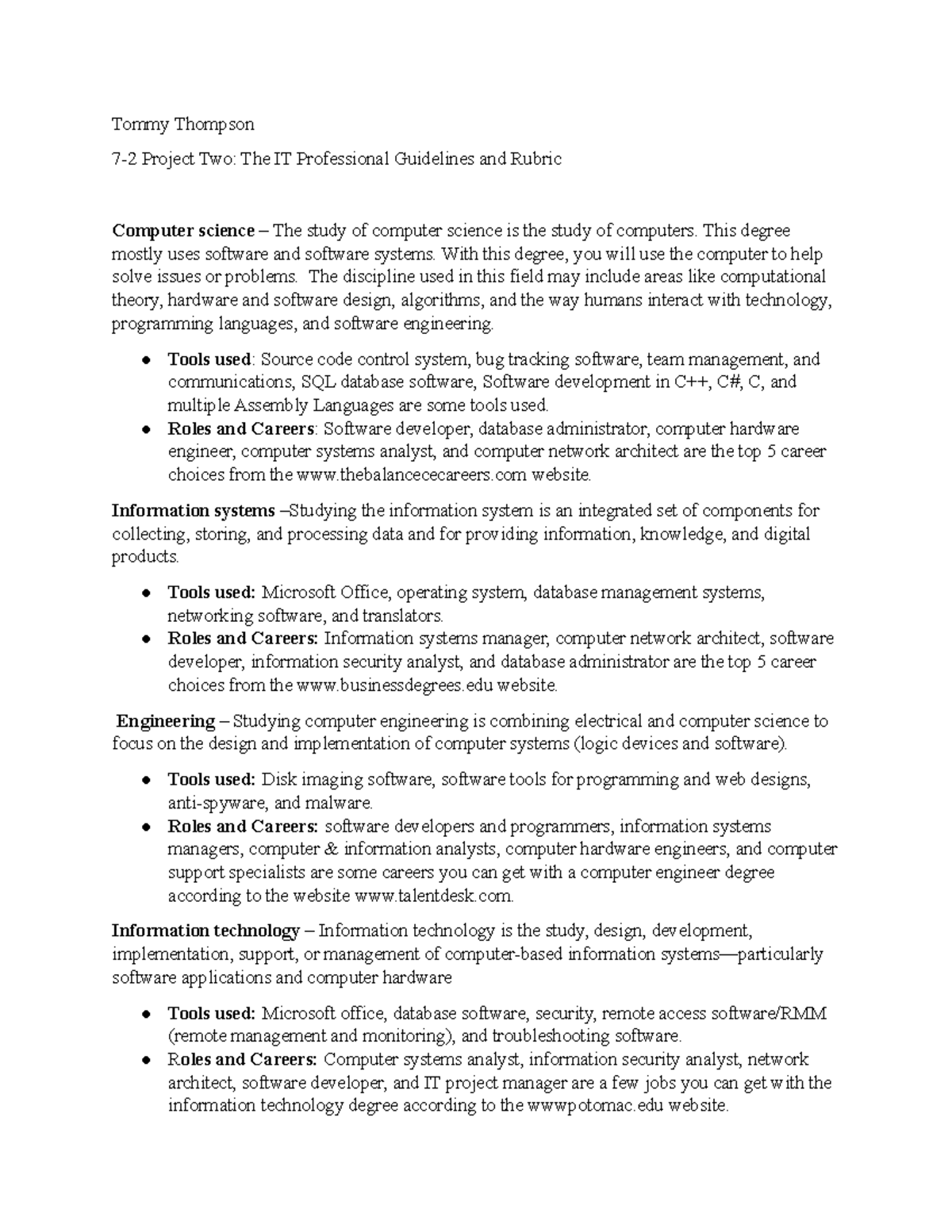 7-2 Project Two: The IT Professional - Tommy Thompson Project Two: The ...