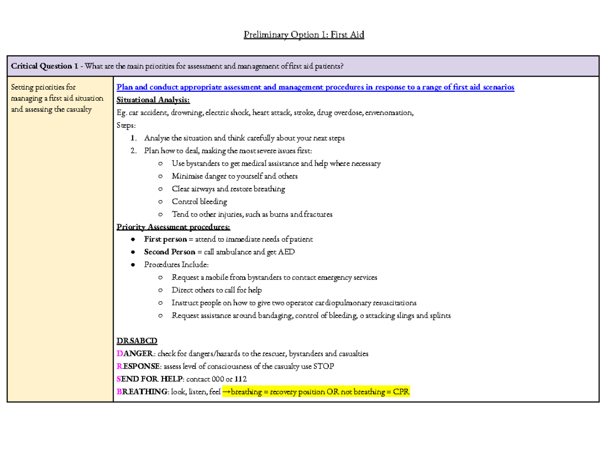 First AID - Study notes - Preliminary Option 1: First Aid Critical ...