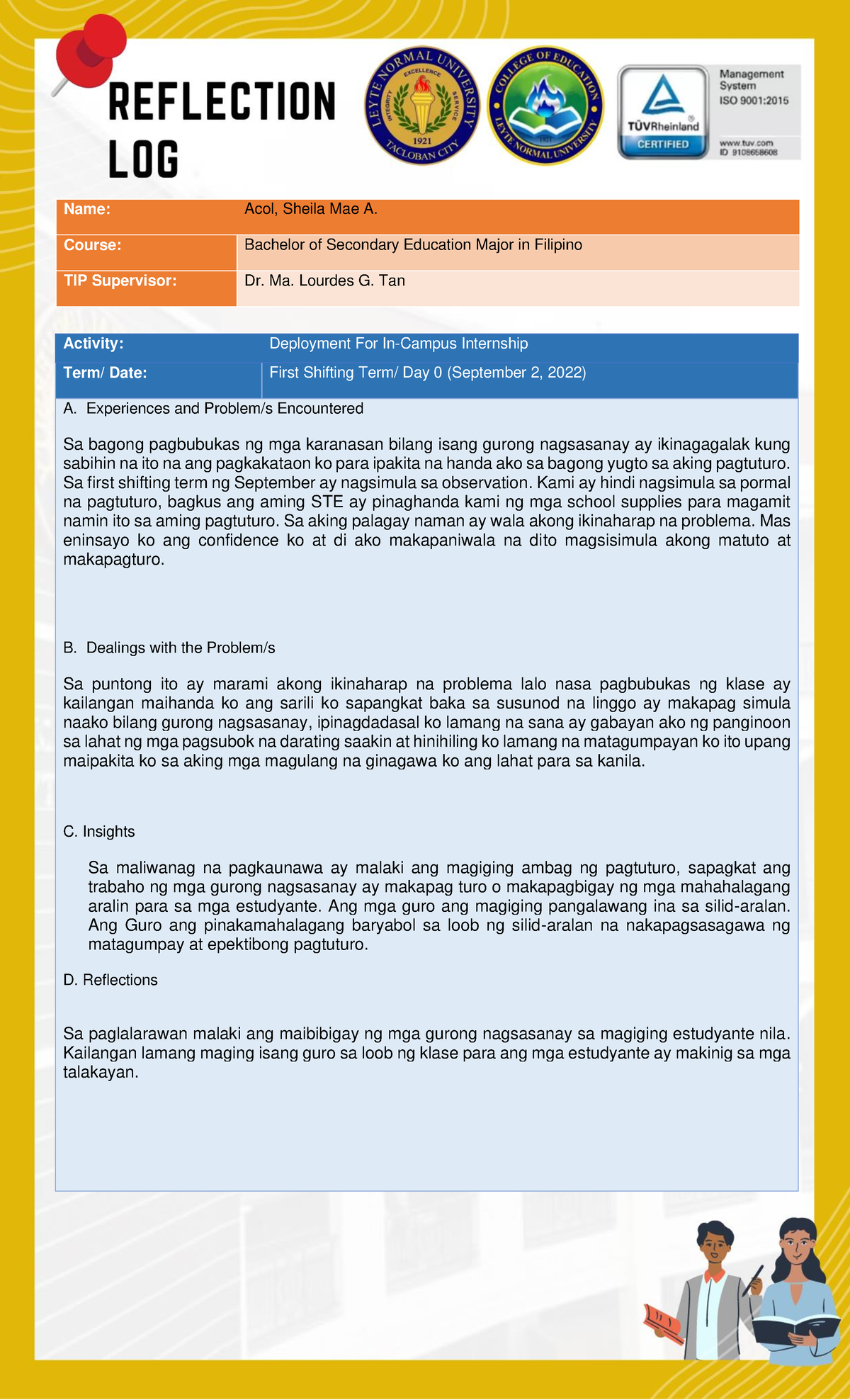 Week#1 Reflection Log Acol SF44 - Course: Bachelor of Secondary ...