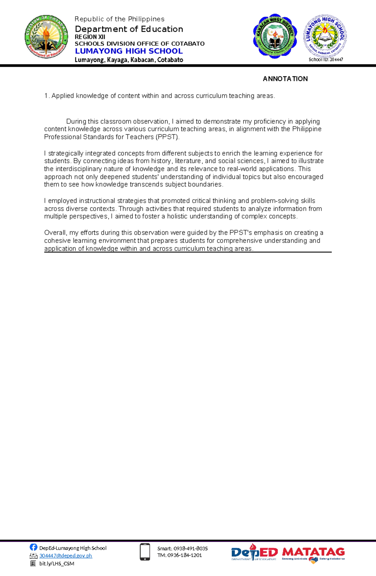 Sample Annotation for RPMS Objective 1 - School ID: 304447 Republic of ...