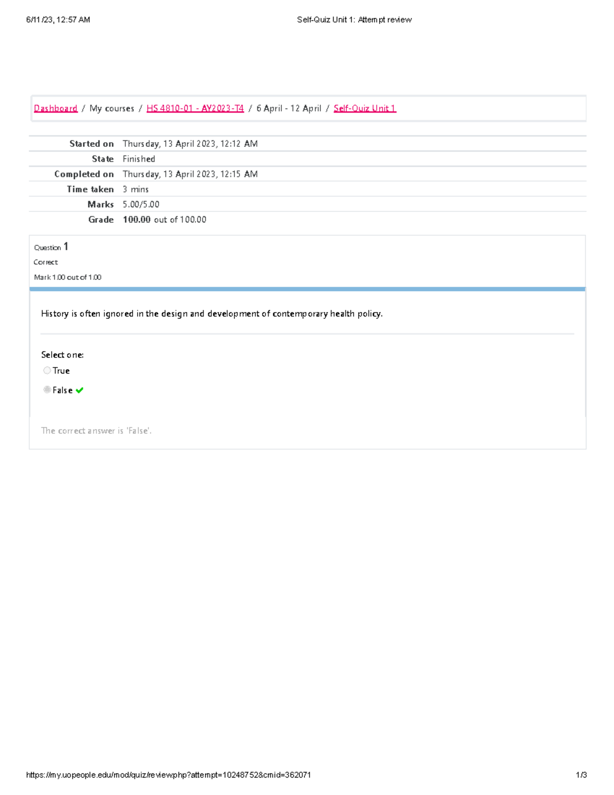 Self-Quiz Unit 1 Attempt review 2 - 6/11/23, 12:57 AM Self-Quiz Unit 1 ...