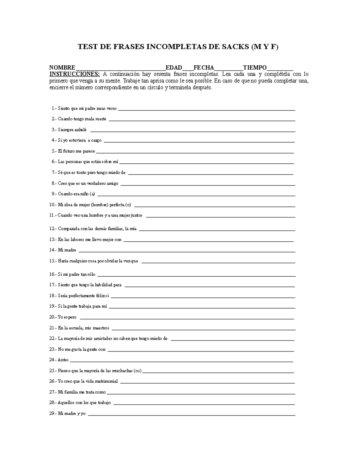 TEST DE Frases Incompletas DE Sacks - TEST DE FRASES INCOMPLETAS DE ...