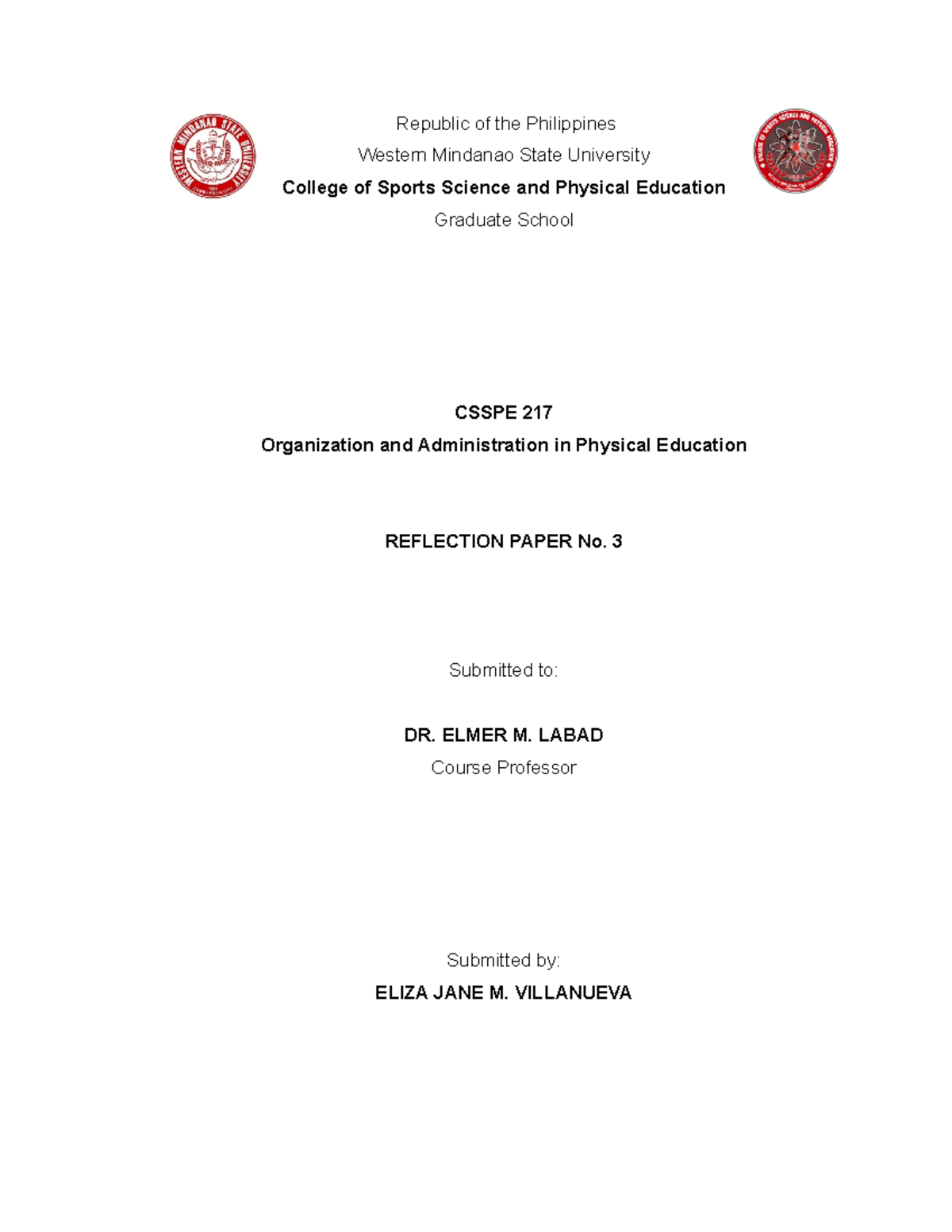 Csspe 217 Reflection Paper NO - Republic of the Philippines Western ...