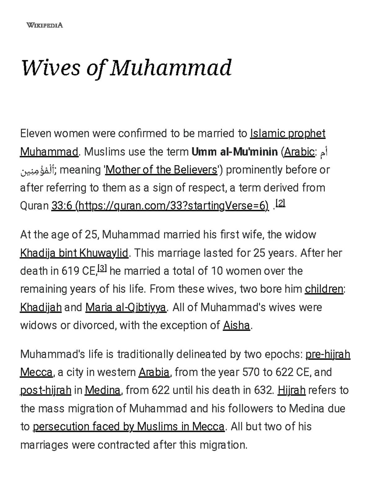 Wives of Muhammad - Wikipedia - Wives of Muhammad Eleven women were ...