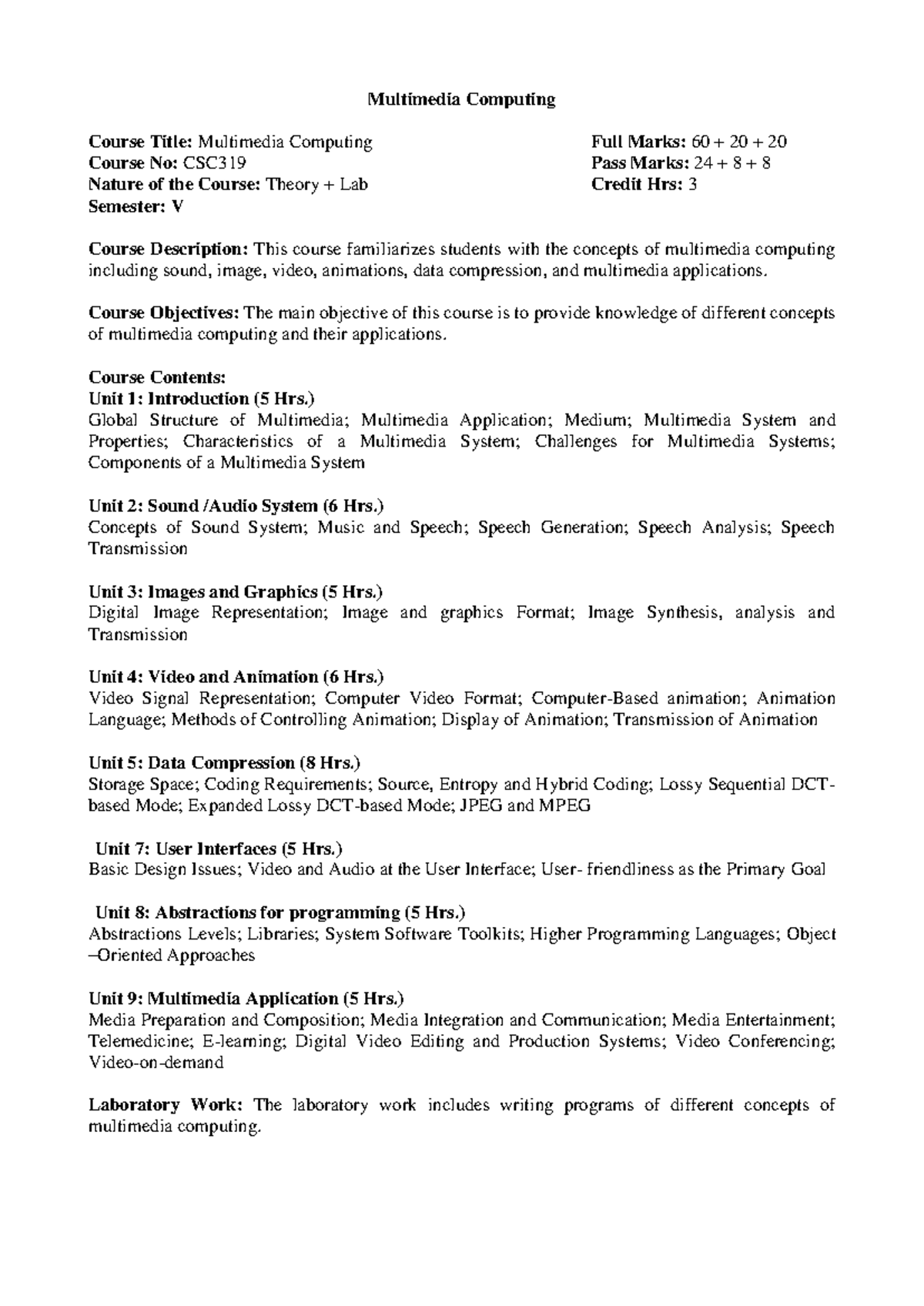Multimedia Computing Syllabus - Multimedia Computing Course Title ...