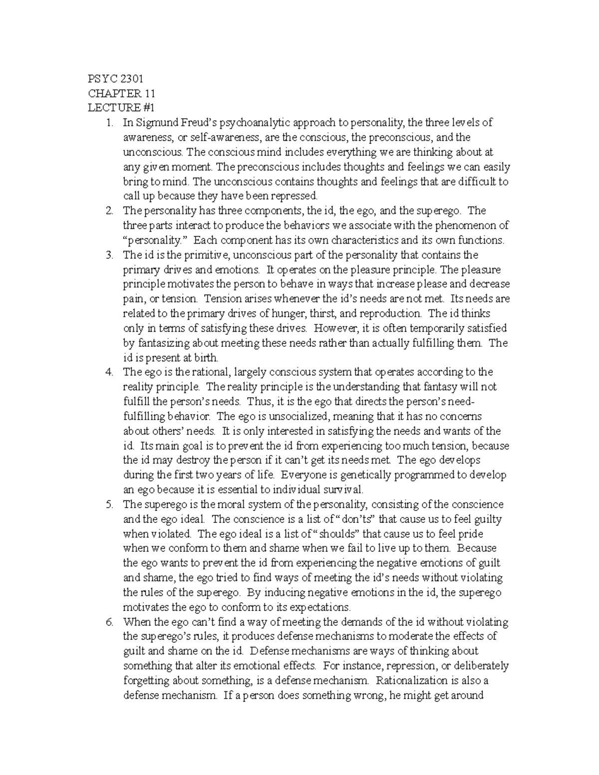 Chapter 11 Personality - PSYC 2301 CHAPTER 11 LECTURE In Sigmund Freud ...