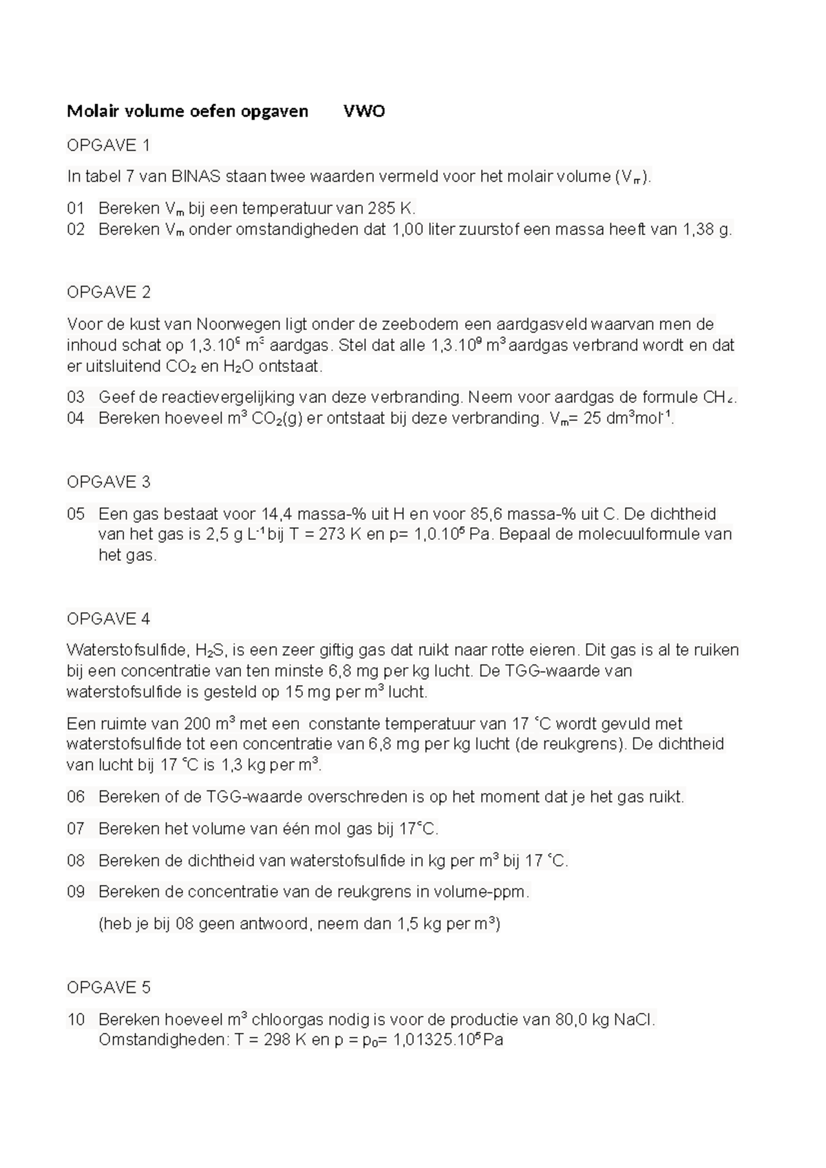 Molair volume oefen opgaven VWO 1 - Molair volume oefen opgaven VWO ...