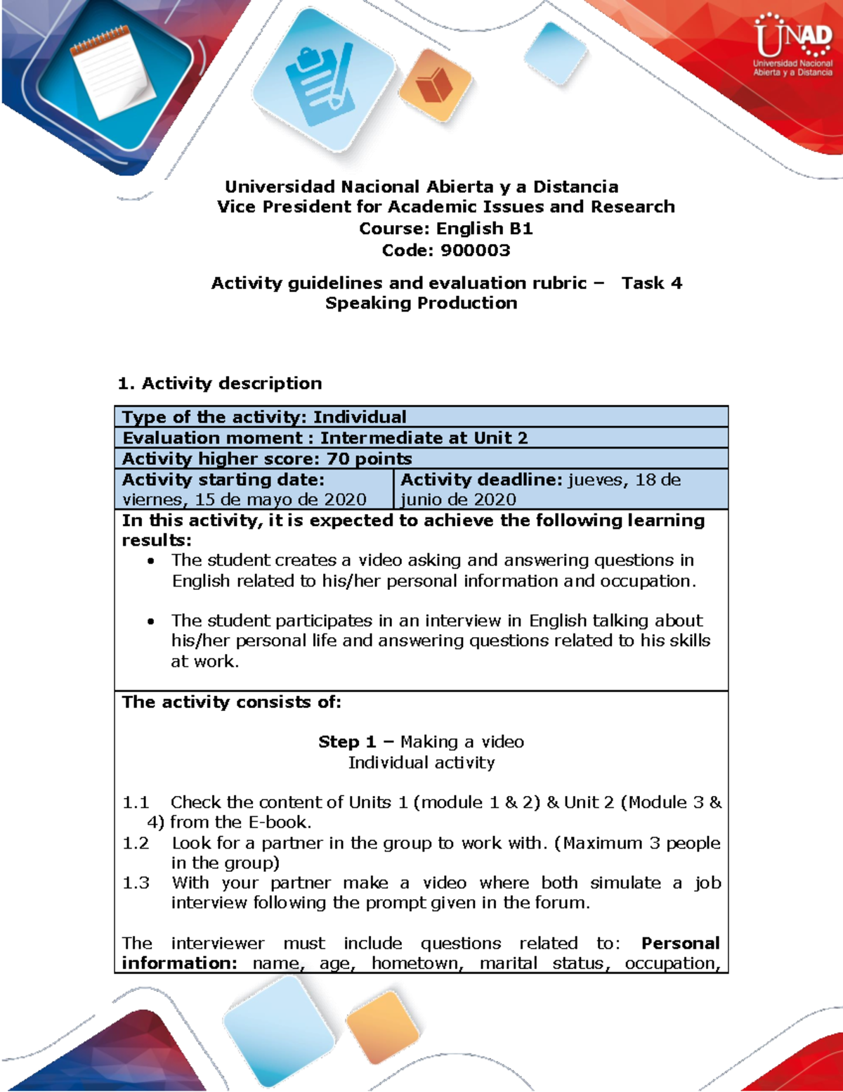 Activities guide and evaluation rubric - Unit 2 - Task 4 - Speaking ...