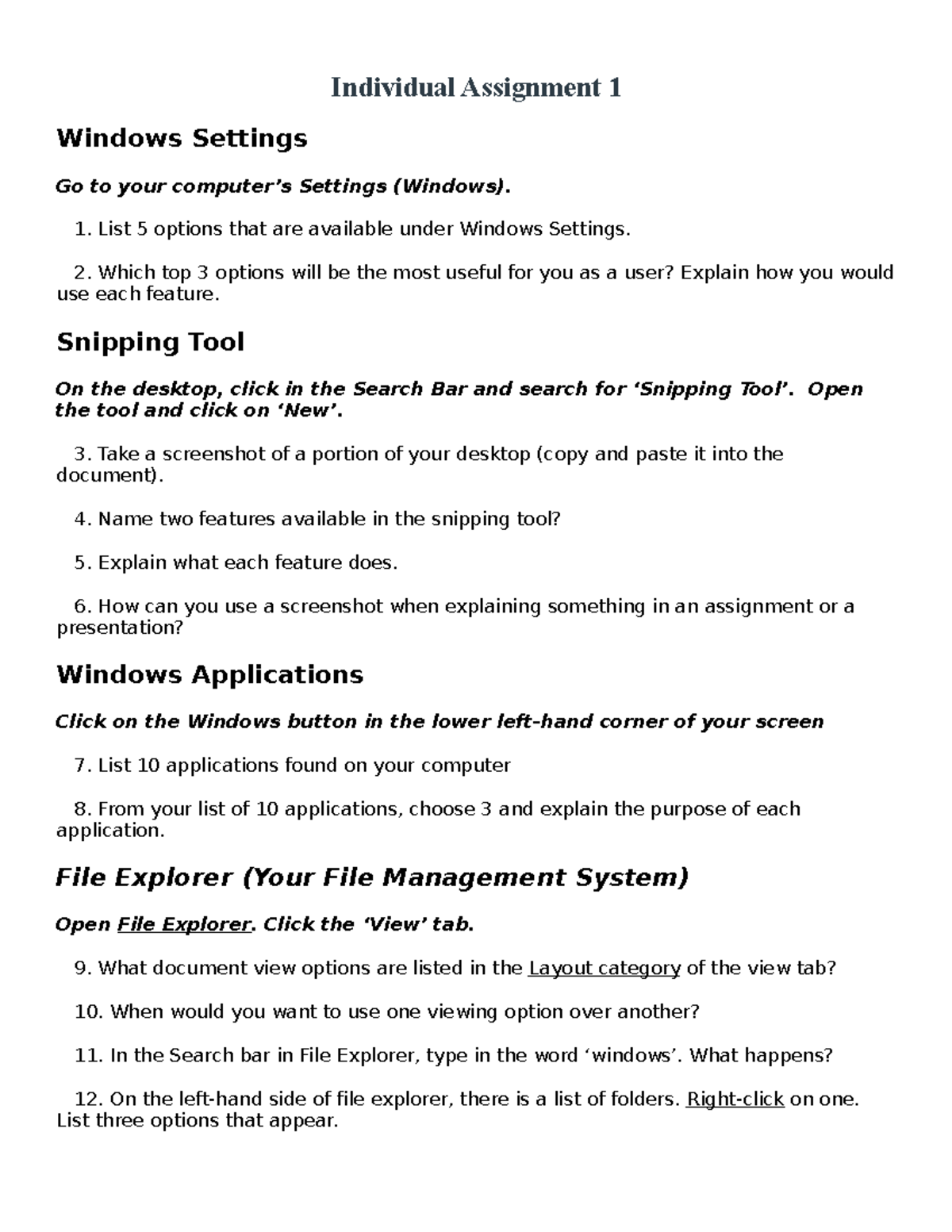 Individual Assignment 1 Window's Template - Individual Assignment 1 Windows Settings Go to your ...