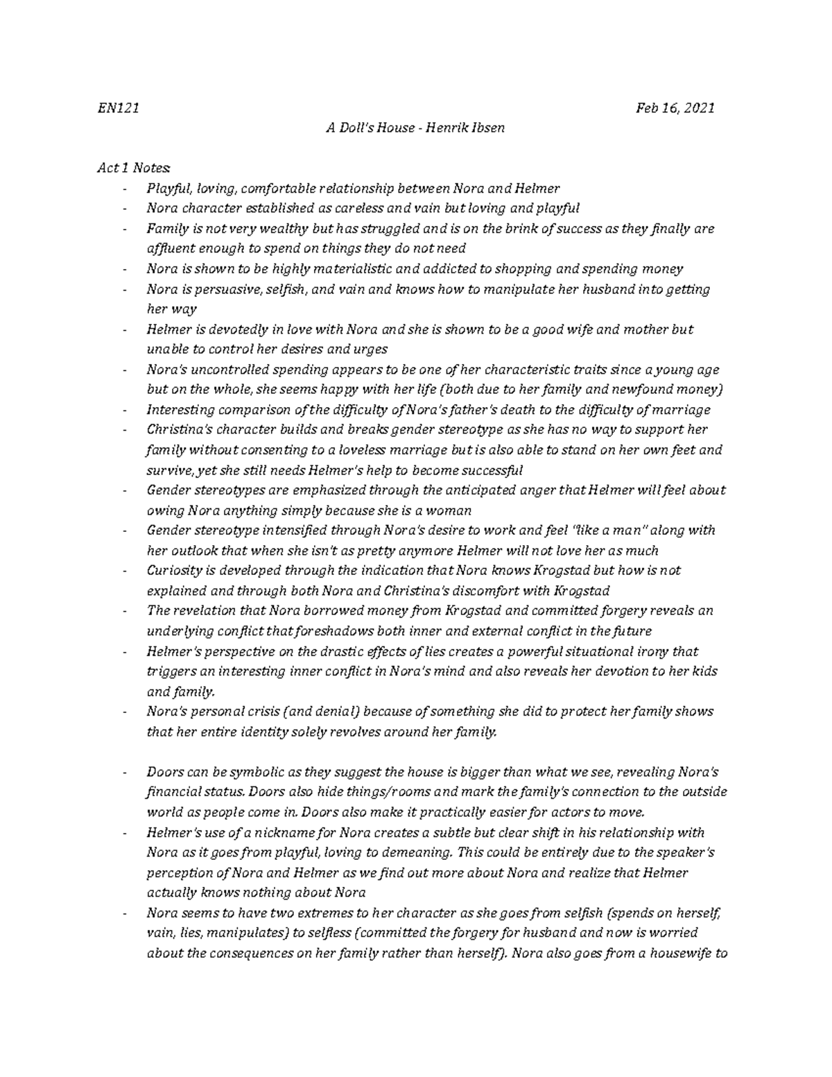 EN121 Doll's House Notes - EN121 Feb 16, 2021 A Doll’s House - Henrik ...