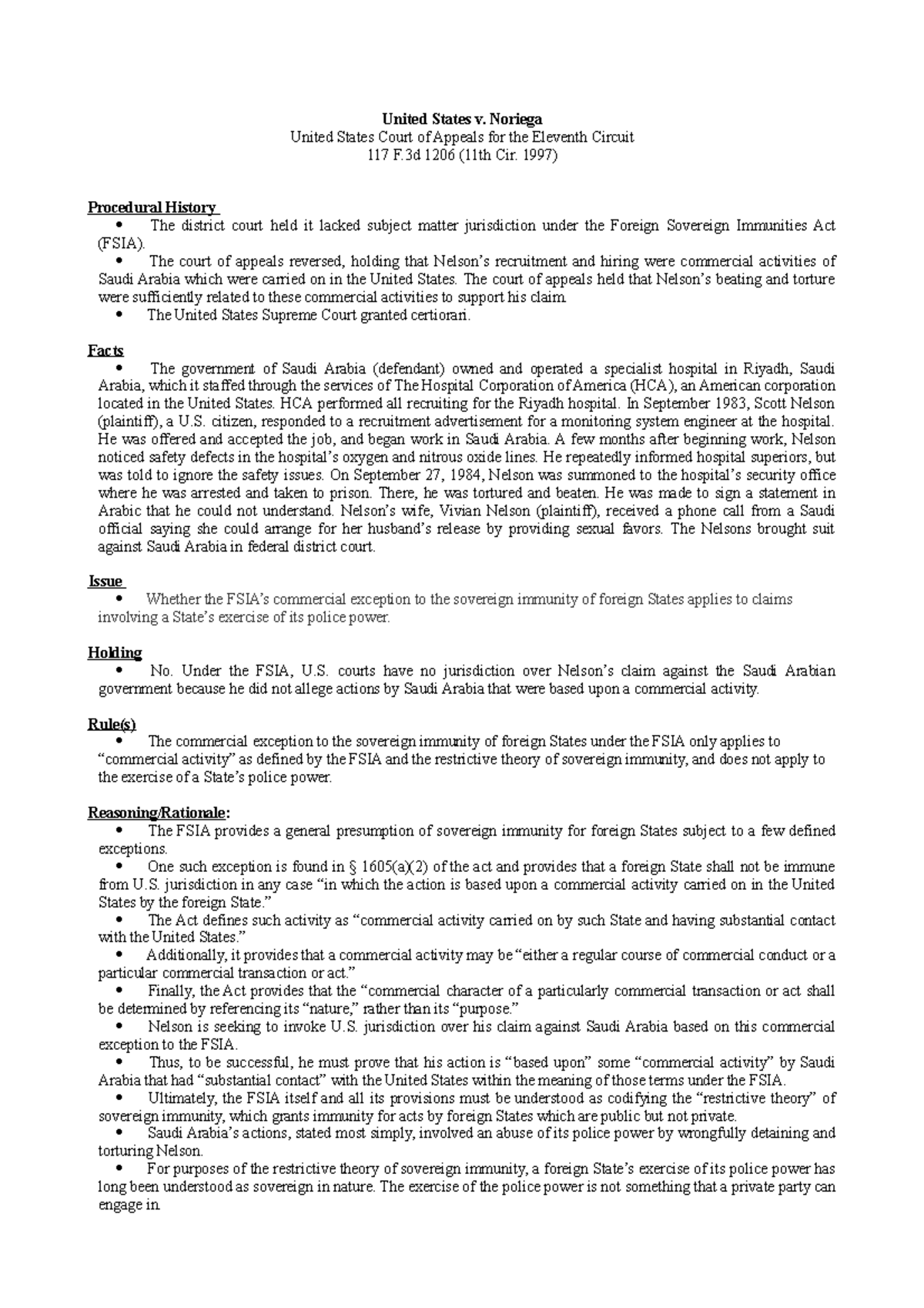 Saudi Arabia v. Nelson - Case brief - United States v. Noriega United ...
