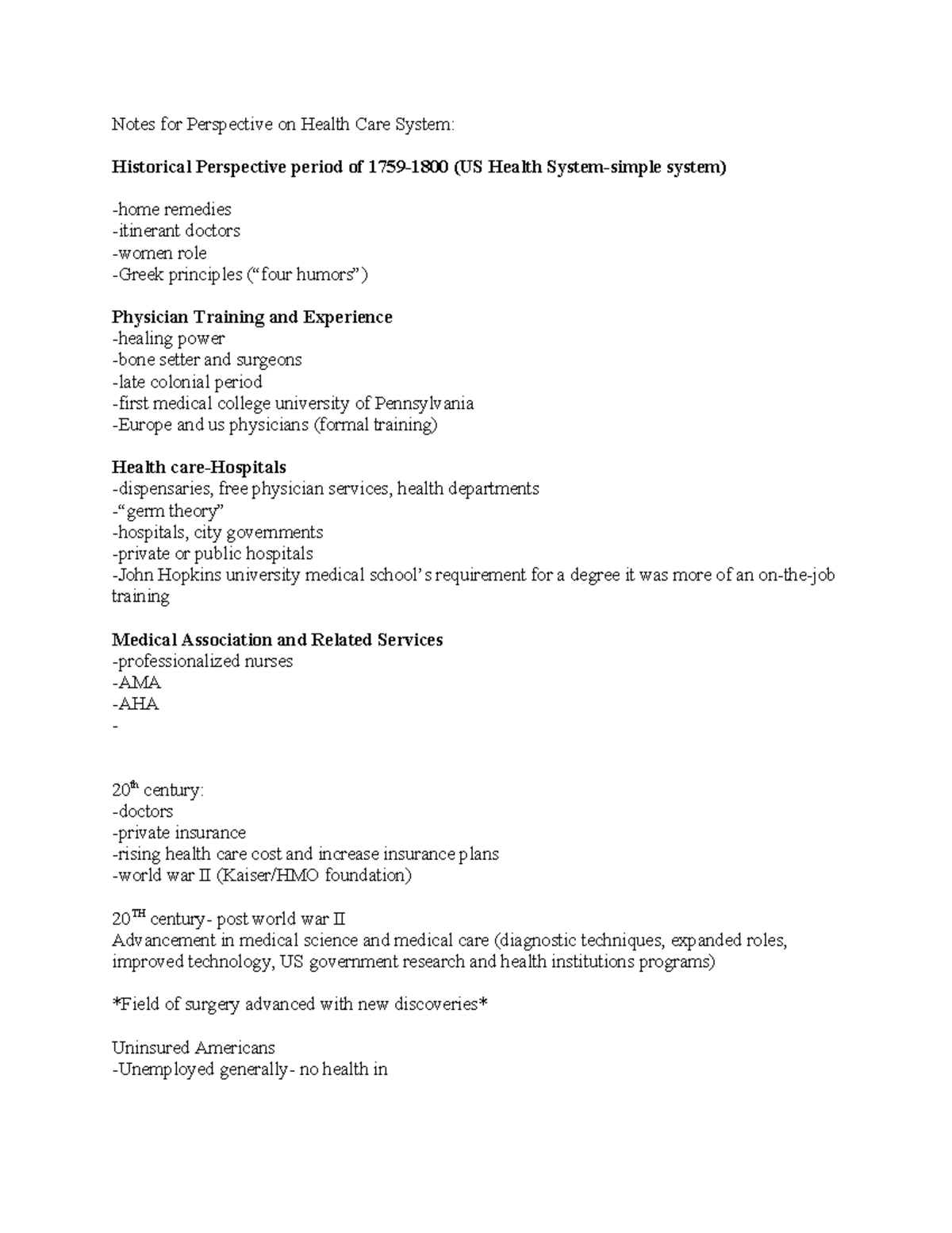 Notes for perspectives on health care system 1 - Notes for Perspective ...