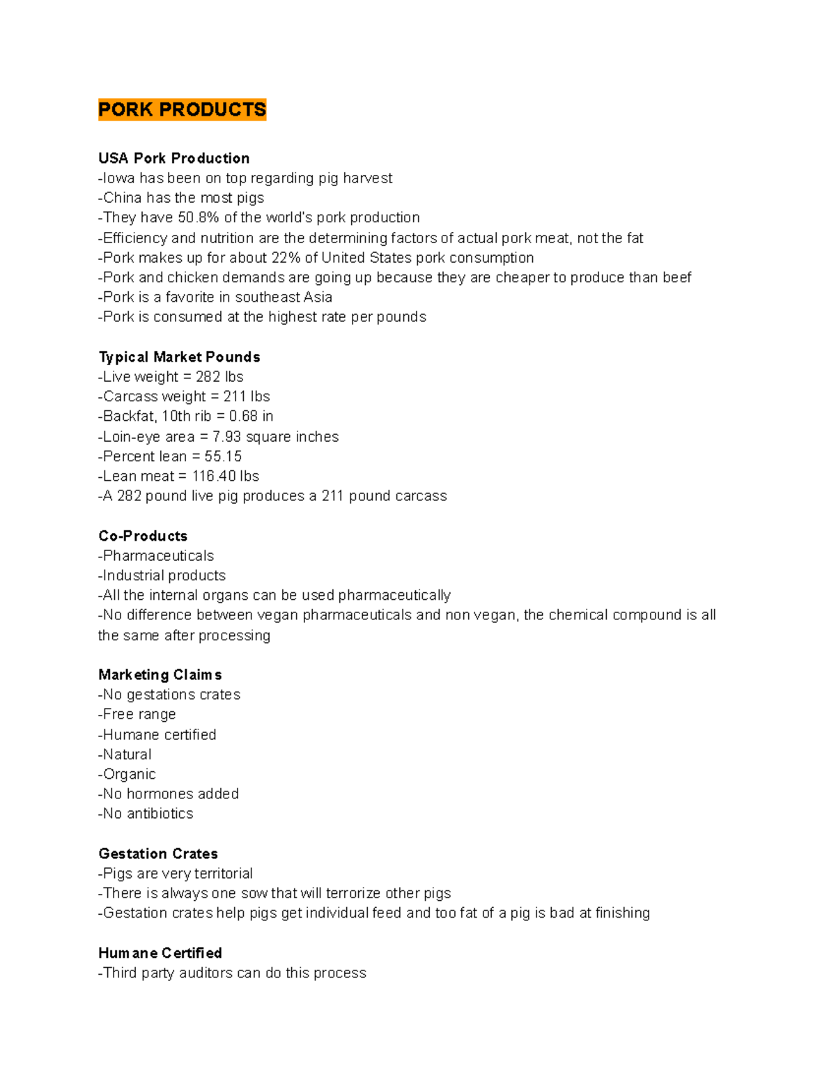 ANSC 10 - Lecture Notes - PORK PRODUCTS USA Pork Production -Iowa has ...
