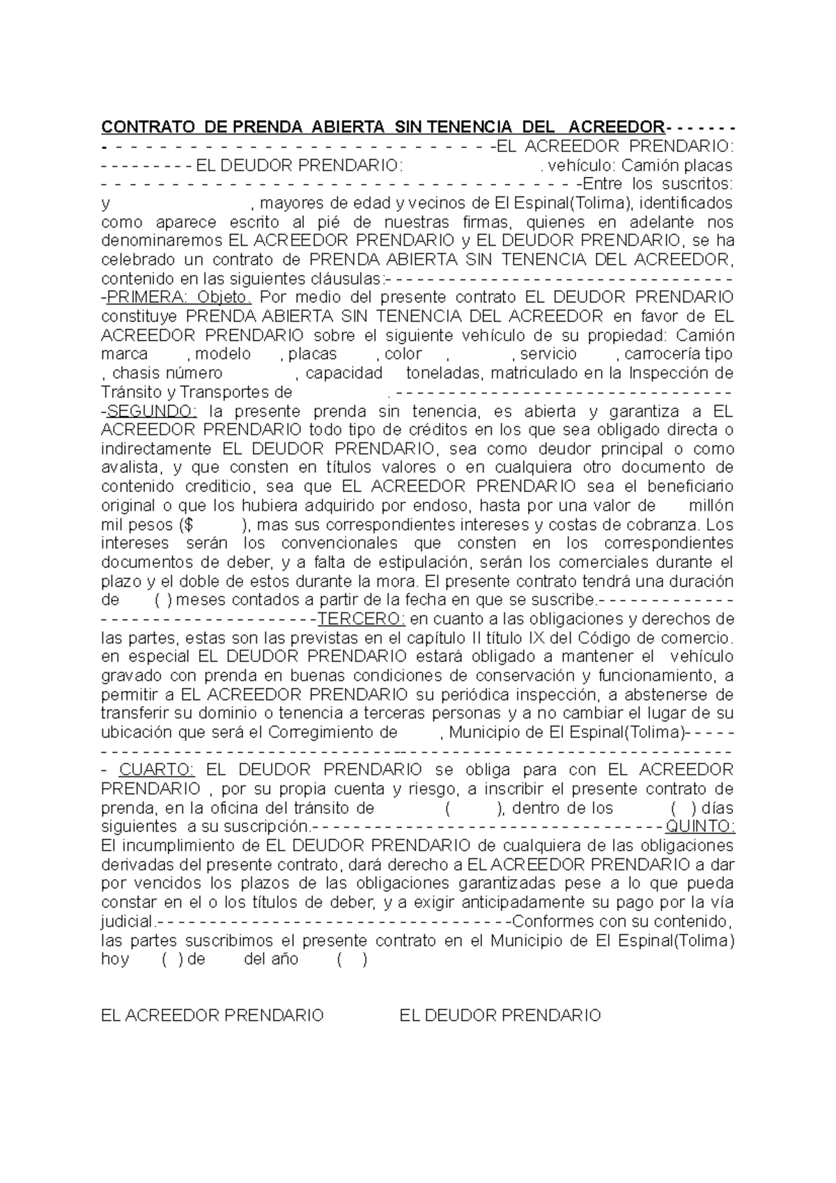 Contrato prenda sin tenencia vehiculo - CONTRATO DE PRENDA ABIERTA SIN ...
