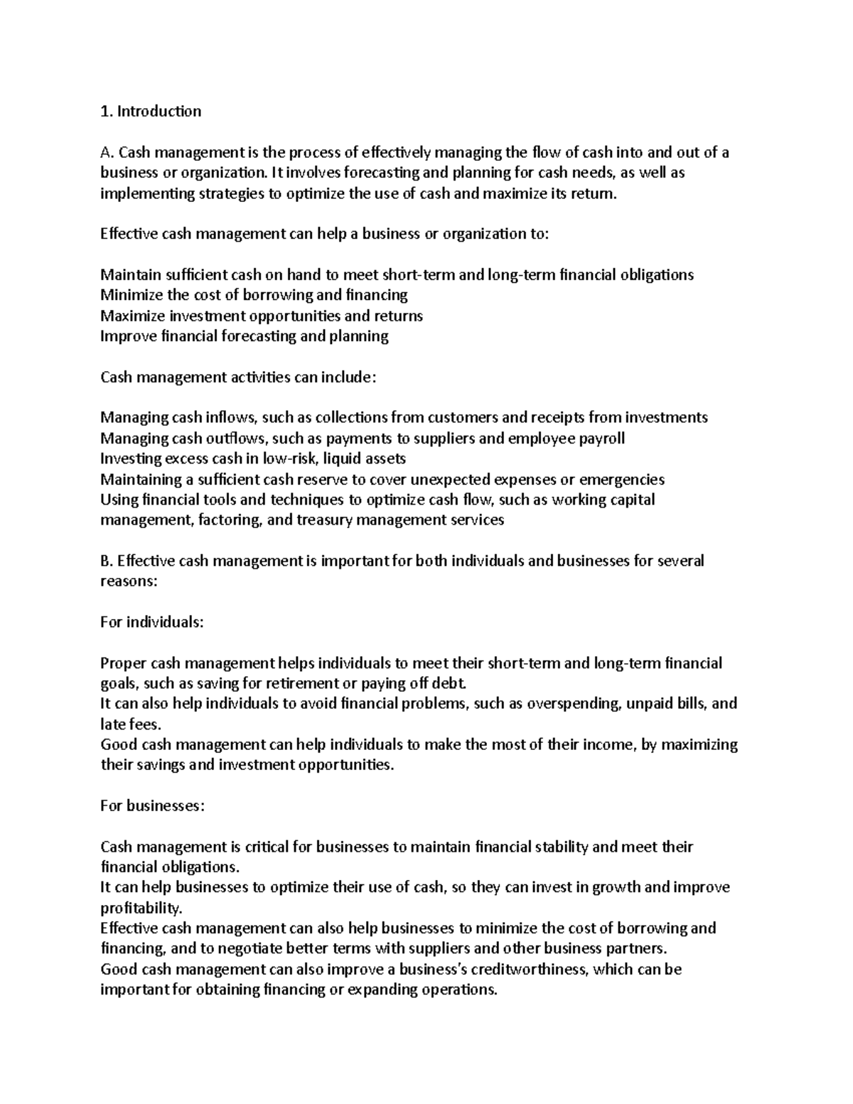 Cash Management - Introduction A. Cash management is the process of ...