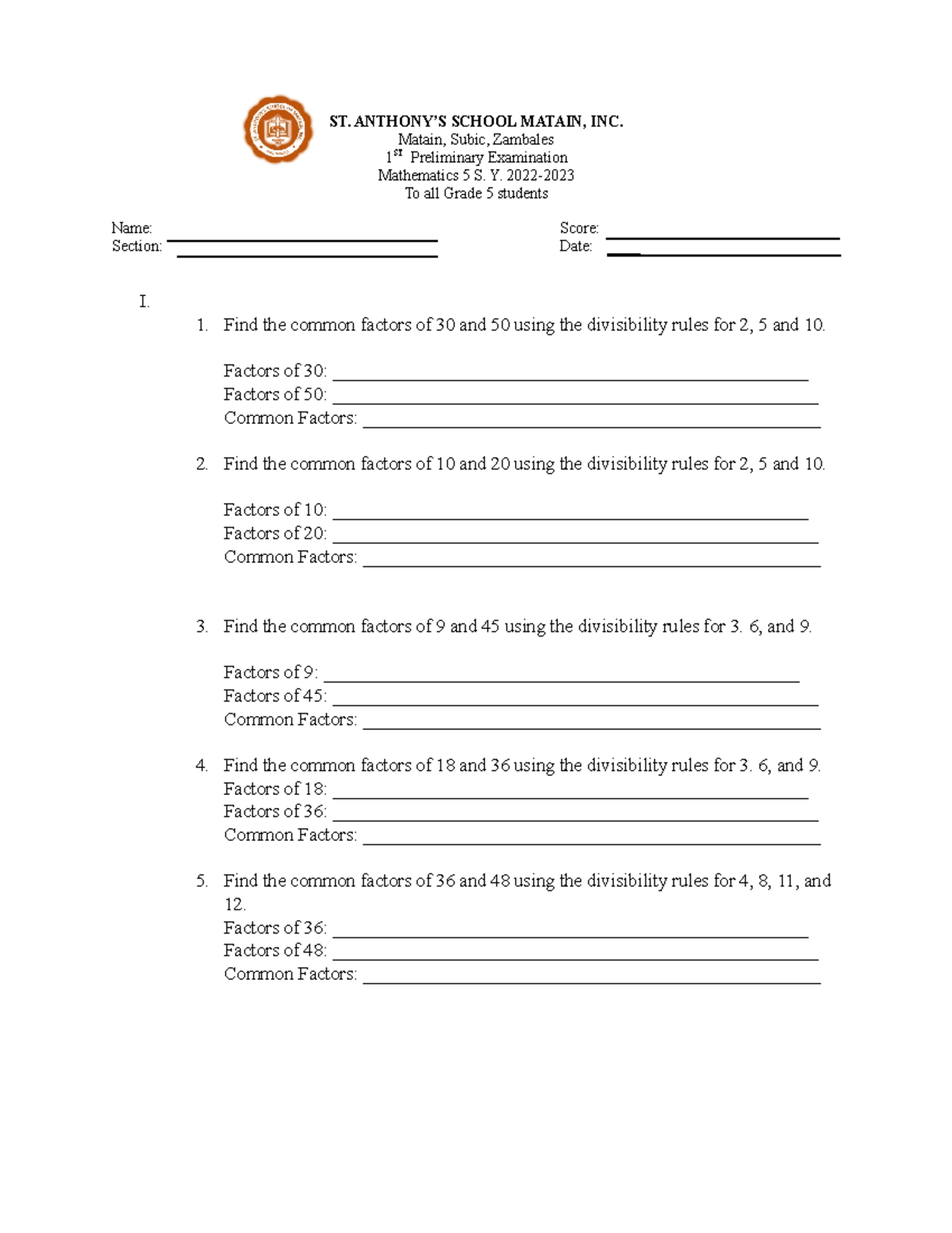 Grade 5 MATH Prelim - ST. ANTHONY’S SCHOOL MATAIN, INC. Matain, Subic ...